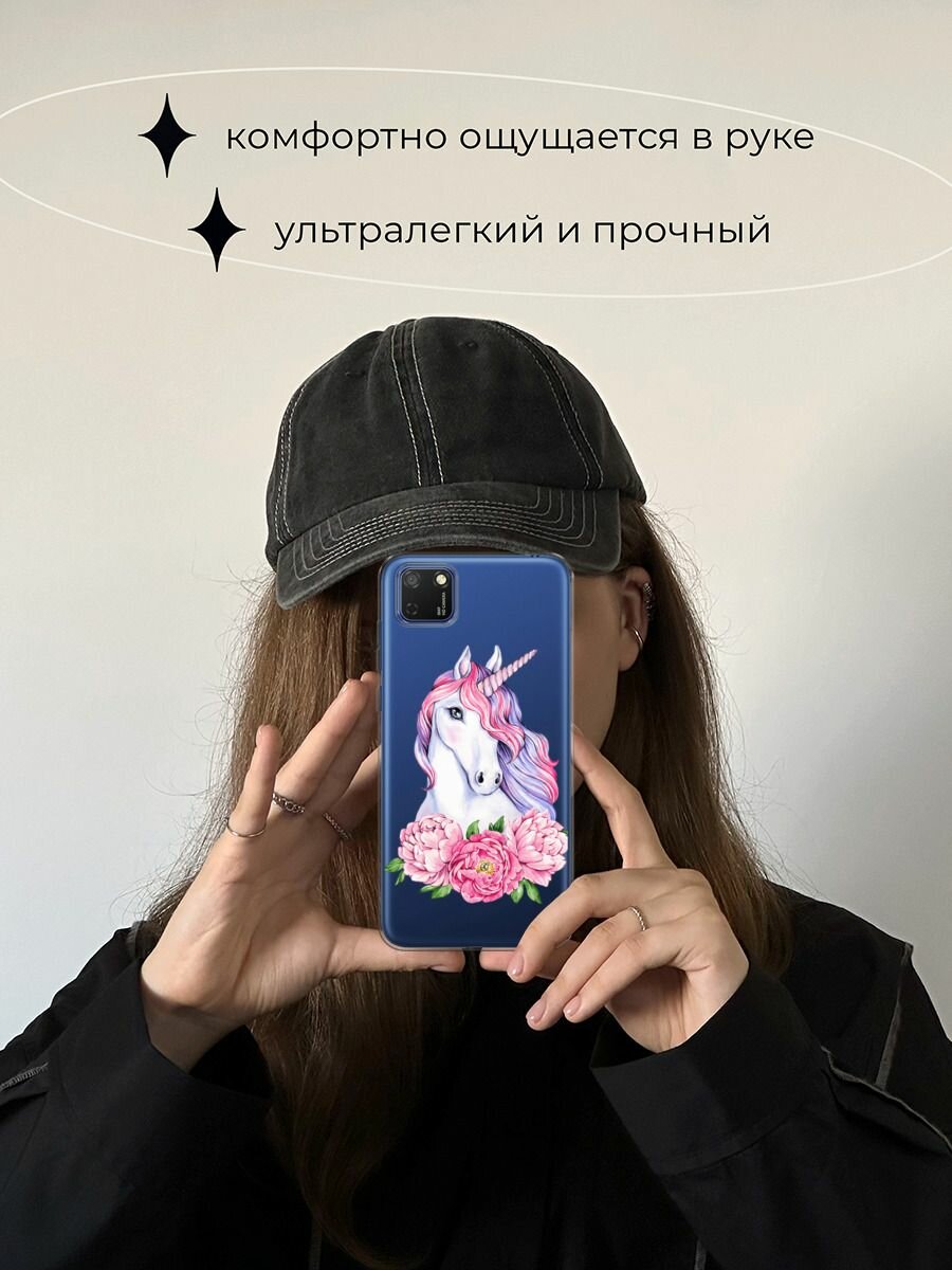 Чехол на Honor 9S/Huawei Y5p / Хонор 9S/Хуавей Y5p с принтом "Единорог с пионами", прозрачный — фото 1