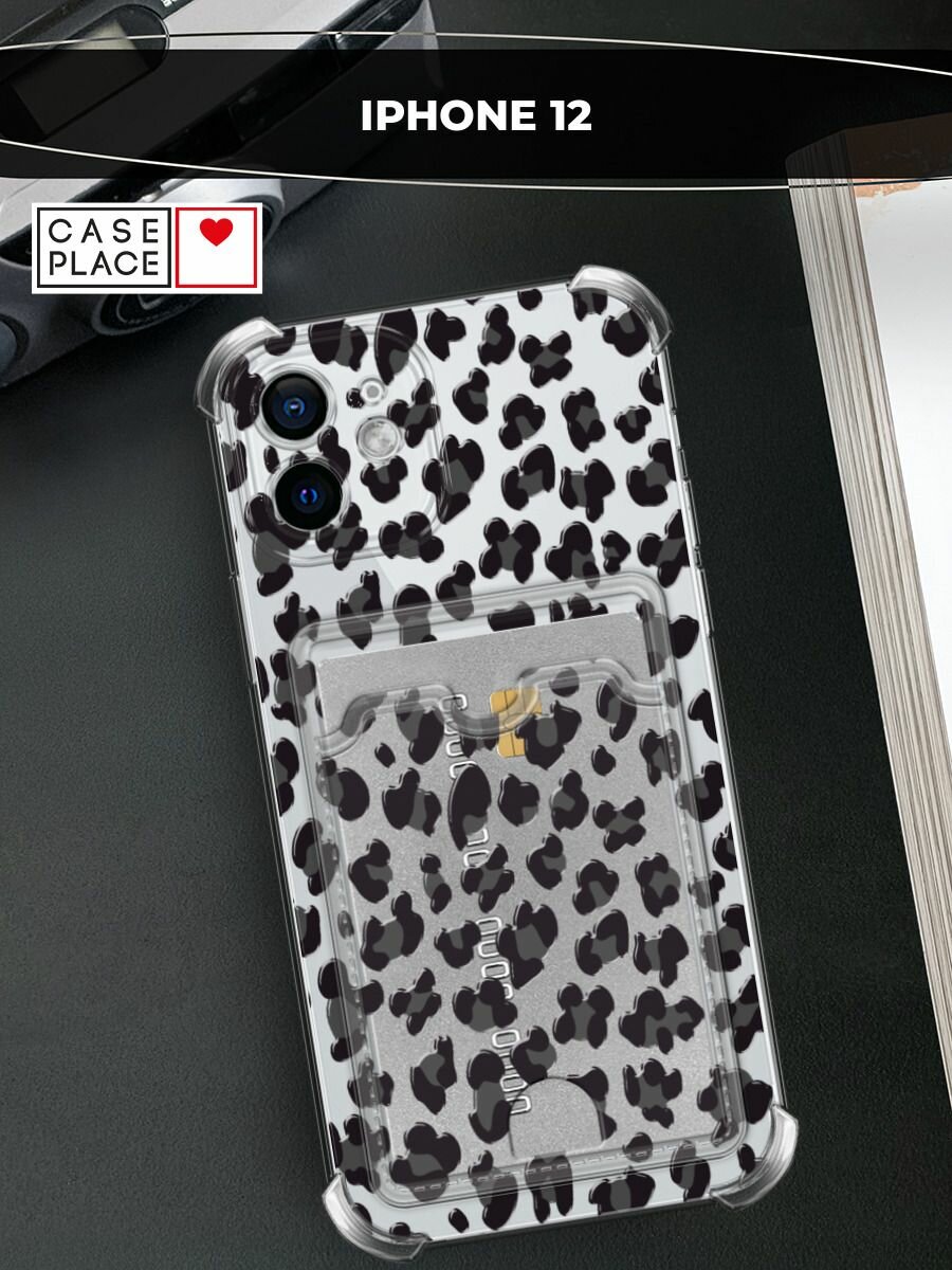 Чехол на Apple iPhone 12 (Айфон 12) с картой и принтом "Черный леопардовый окрас"