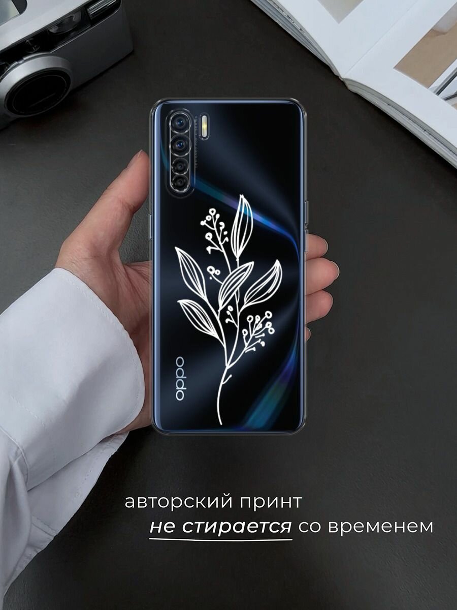 Чехол на Oppo A91/Reno 3 / Оппо A91/Рено 3 с принтом "Ветка с листочками и цветами", прозрачный — фото 1