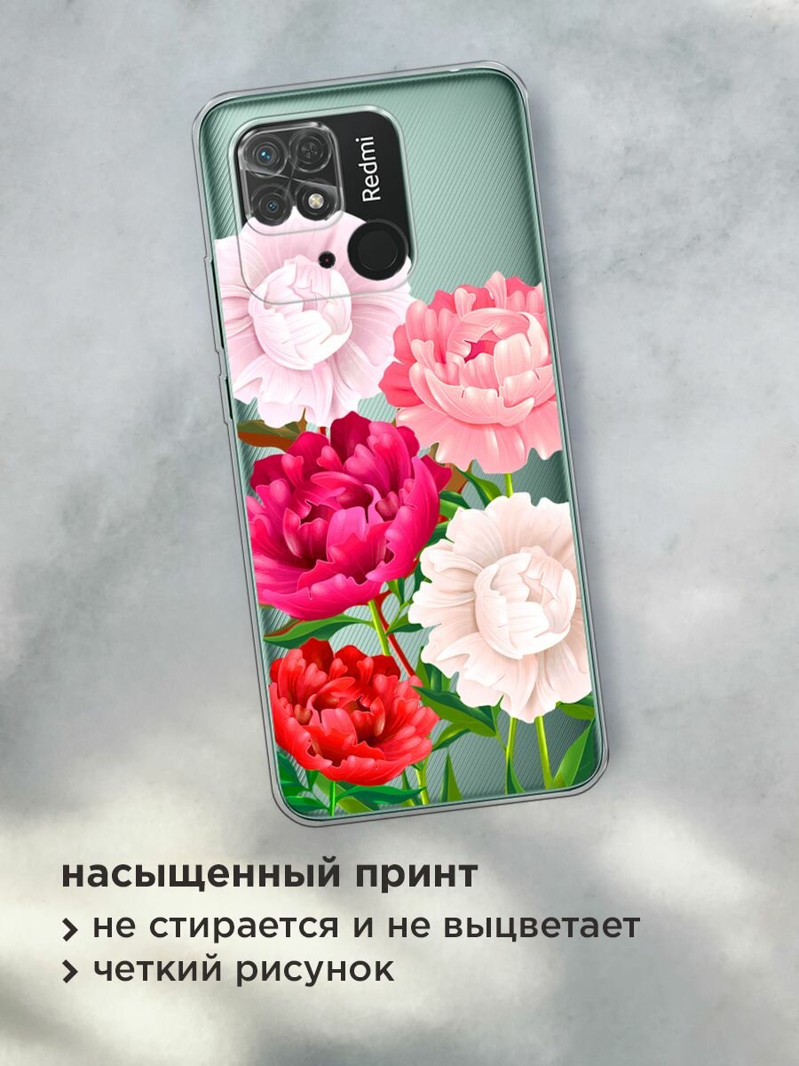 Чехол на Xiaomi Redmi 10C / Сяоми Редми 10C с принтом "Большие пионы", прозрачный — фото 1