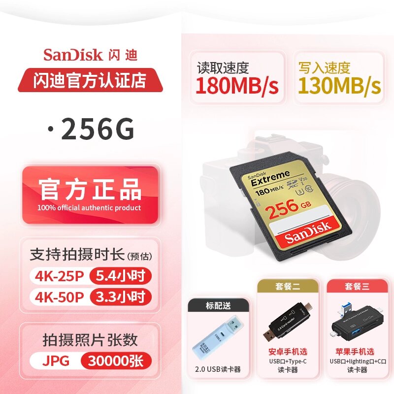 SanDisk V30 SD-карта 256 ГБ Бюджетное хранилище для Canon, 180 МБ/с скорость чтения, запись видео 4K