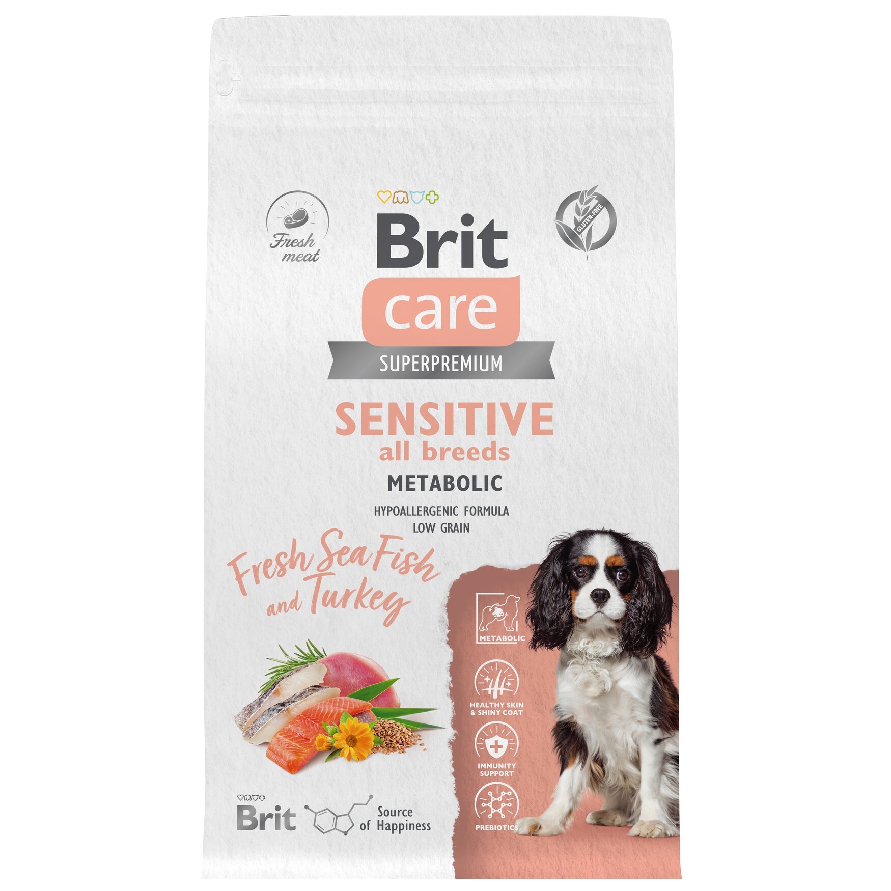 Сухой корм Brit Care Dog Adult Sensitive Metabolic для собак для улучшения обмена веществ Морская рыба и индейка, 1,5 кг