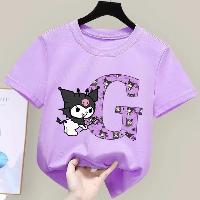 Детская футболка Sanrio Kuromi с милым мультяшным принтом в виде букв AZ и аниме, модная одежда для девочек, топы из хлопка с короткими рукавами для малышей, Размер:130