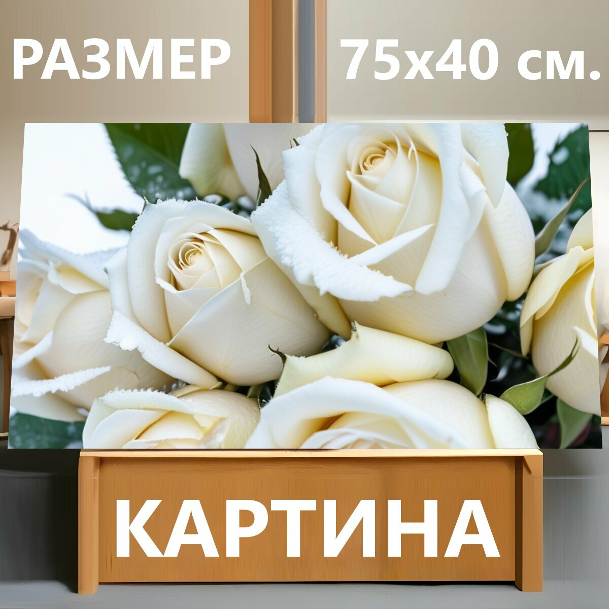 Картина на холсте "Роза, белый, снег шипы цветы" на подрамнике 75х40 см. для интерьера