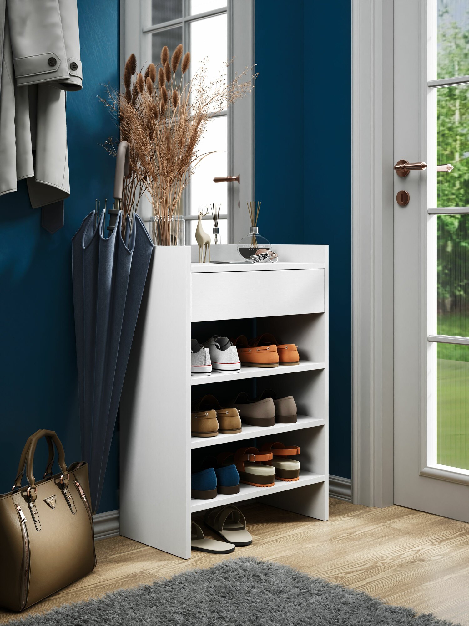 Обувница Лаура-5 белая в прихожую, тумба для обуви, закрытая деревянная, этажерка, полки, высокая ЛДСП, открытая