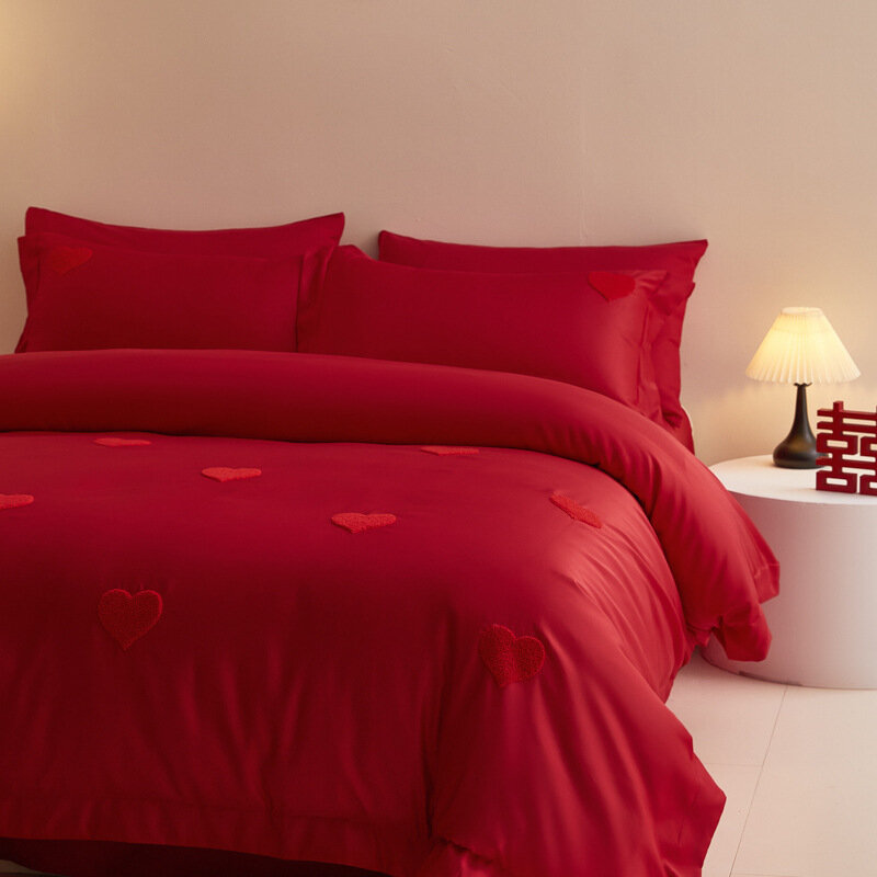 Жаккардовый свадебный комплект из четырех предметов, ярко-красное свадебное постельное белье, вышитый пододеяльник из домашнего текстиля, праздничный свадебный комплект из четырех предметов,220*240cm