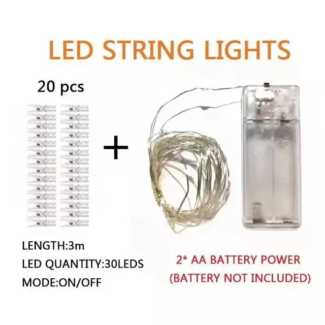 Светодиодная гирлянда на батарейках с зажимами для фото warm light, 3M light 20 clip