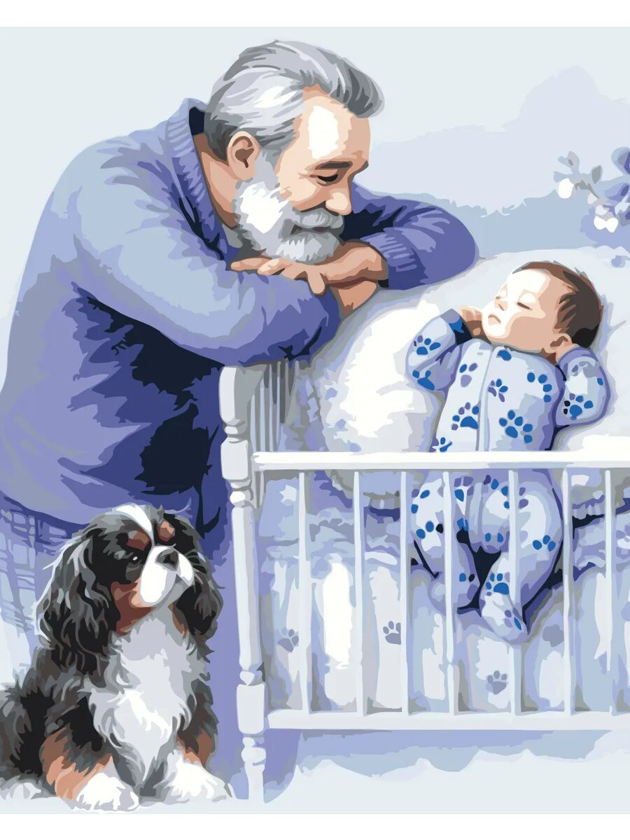 Картина по номерам Дедушка Внук Собака Любовь