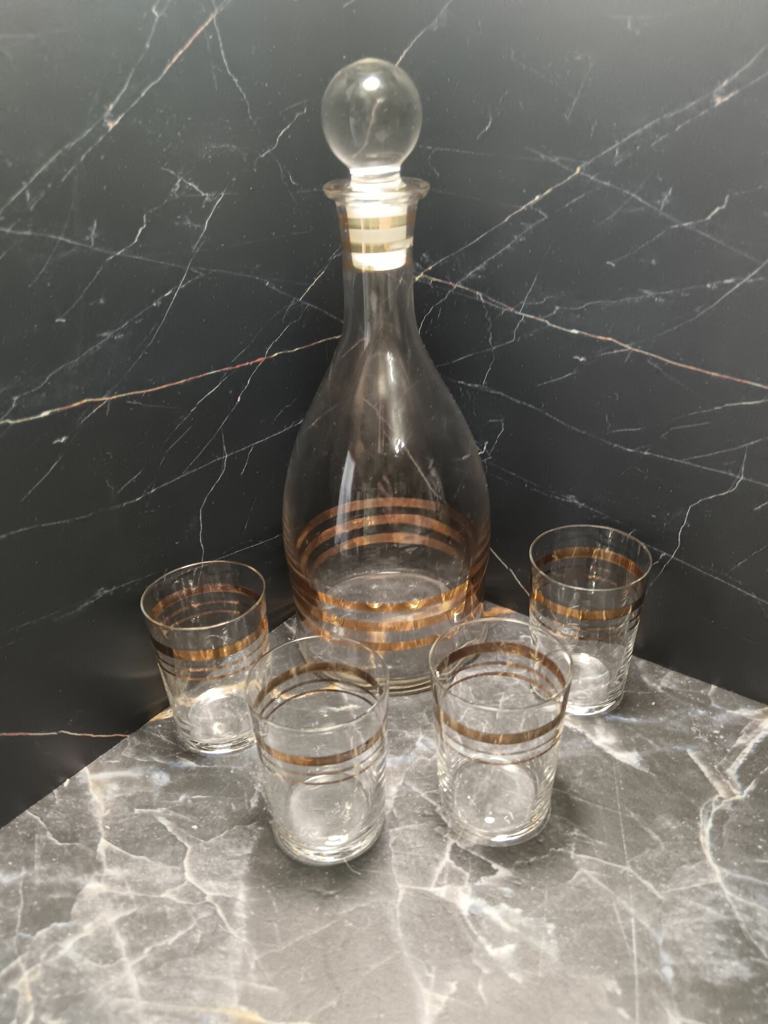 Набор графин/штоф и 4 рюмки, стекло с позолотой, СССР винтаж