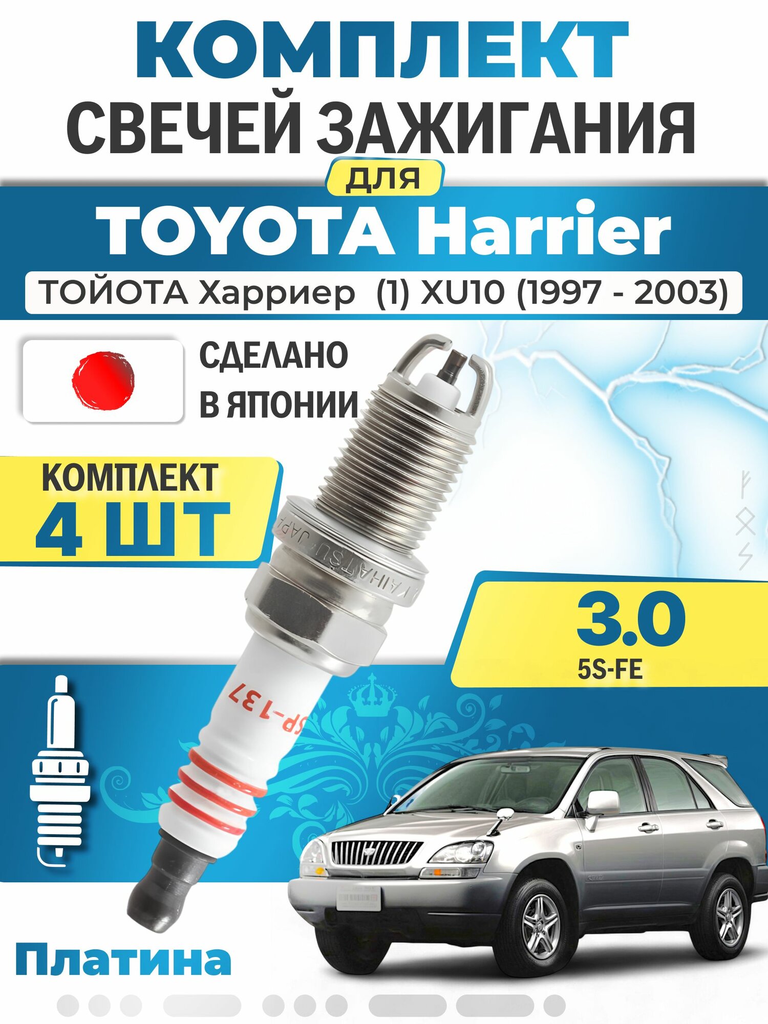 Свечи зажигания для Toyota Harrier (1) XU10 45690, комплект 4 шт / 1997 1998 1999 2000 2001 2002 2003 / Двигатель 5S-FE 0,0 л