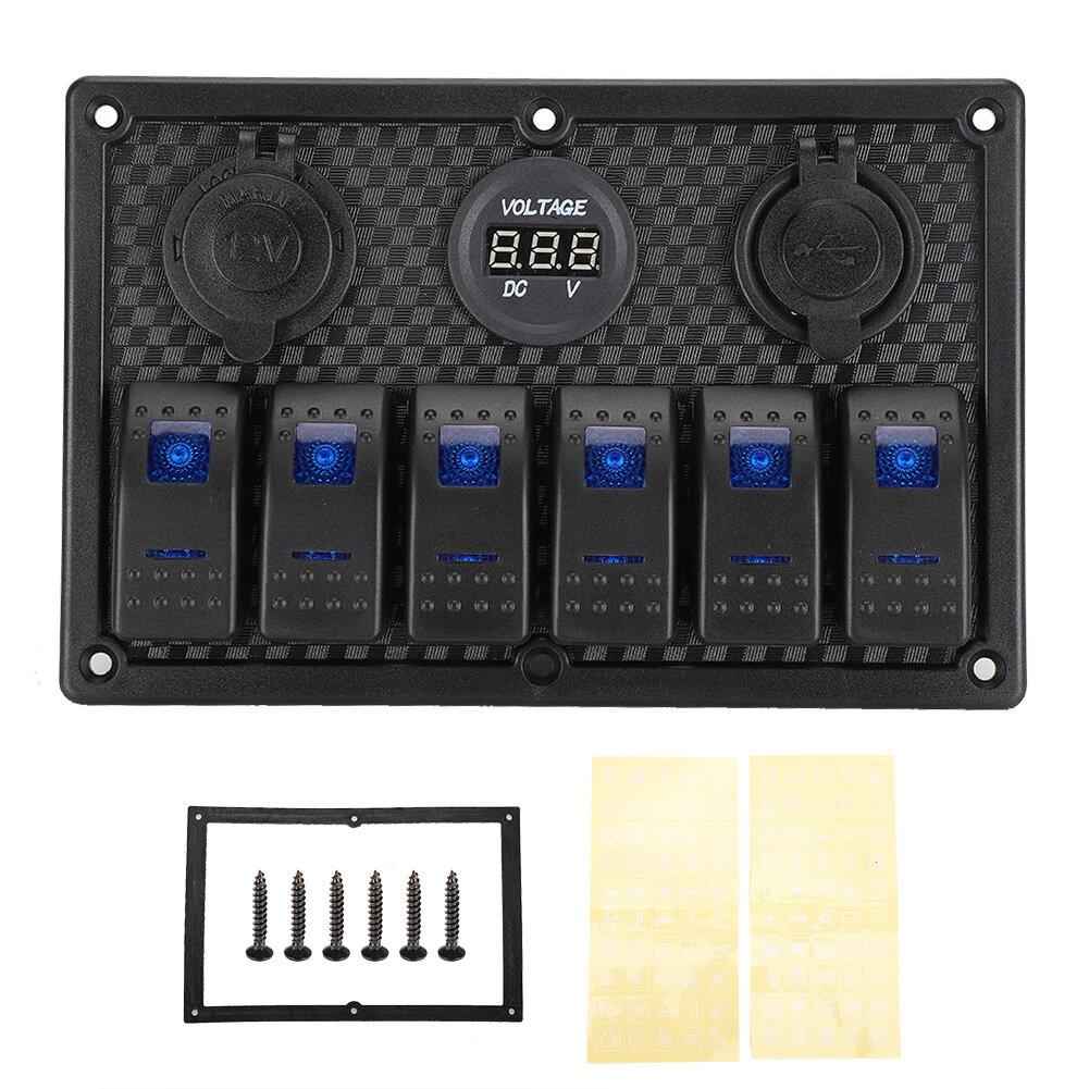 12V24V 6клавишная панель переключателей с прикуривателем 2 USB вольтметром для авто лодки грузовика