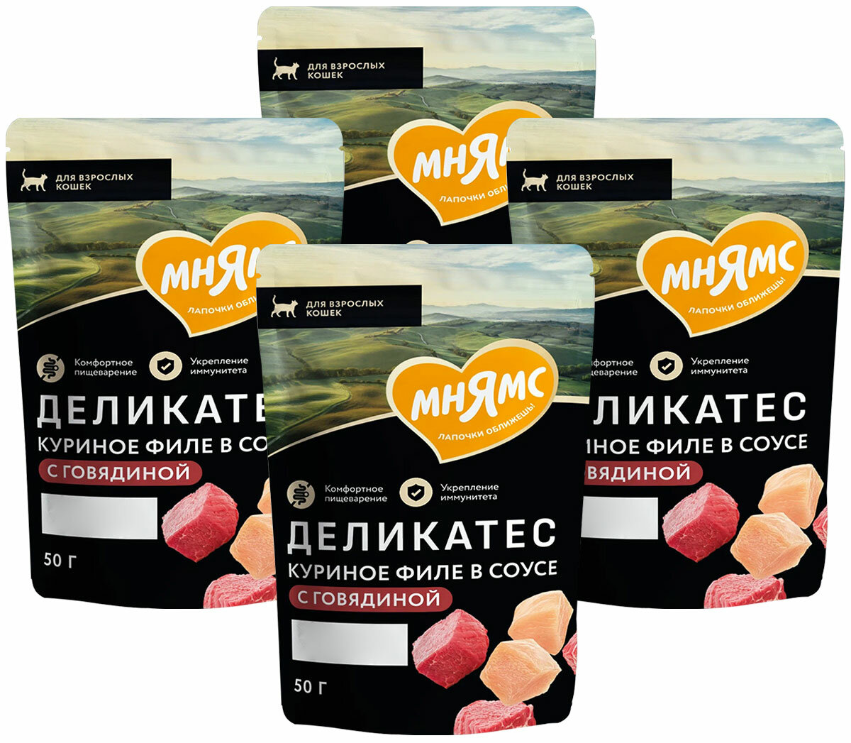 Корм влажный Мнямс Деликатес для взрослых кошек, куриное филе, говядина, 50 г х 4 шт