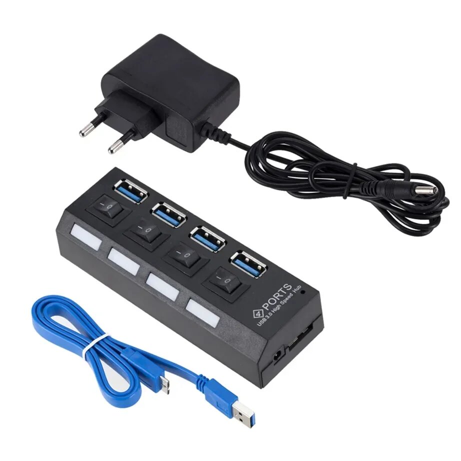 USB 3.0 хаб на 4 порта с питанием, EU Plug