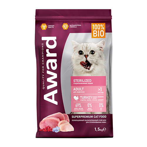 Сухой корм Авард для взрослых Стерилизованных кошек Индейка курица клюква цикорий 1,5 кг