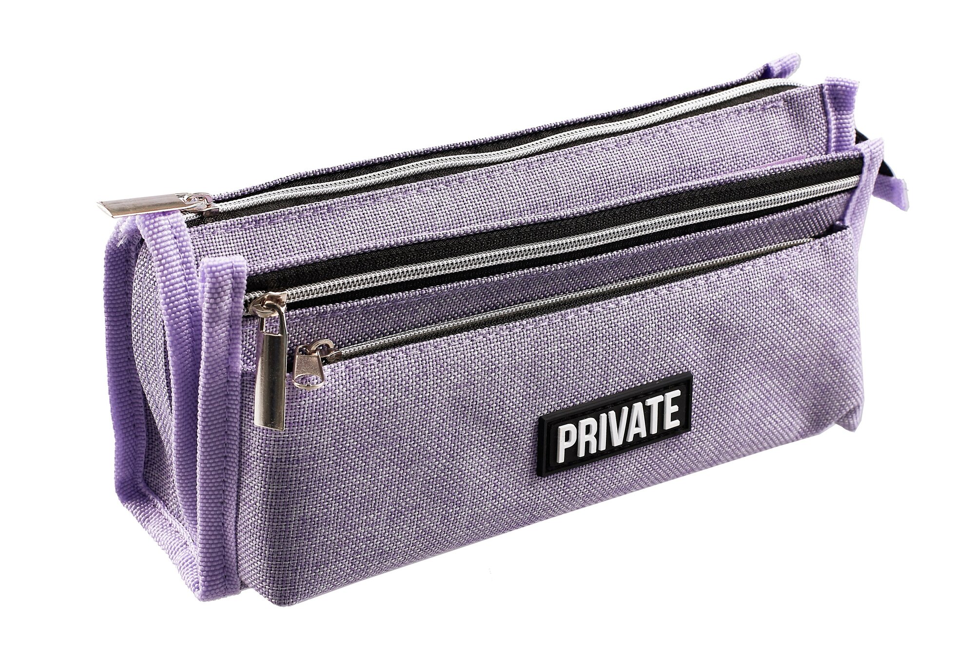 Пенал-косметичка 2отд. "Private" сиреневый, 21*10*7,5см, текстильный, ручка-петля, каучук. аппликация