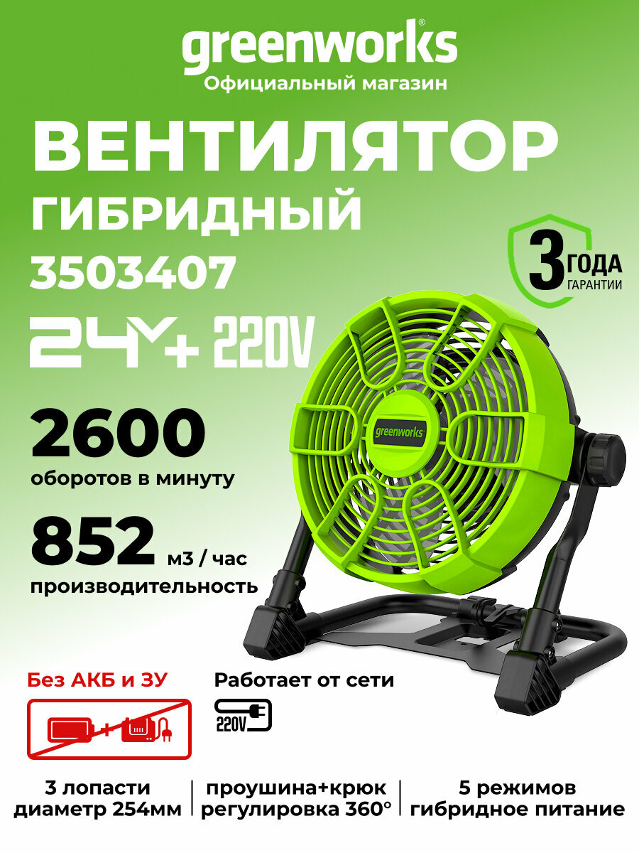 Вентилятор с гибридным питанием Greenworks 24V /110-240V, макс. 852 м3/час, без АКБ и ЗУ