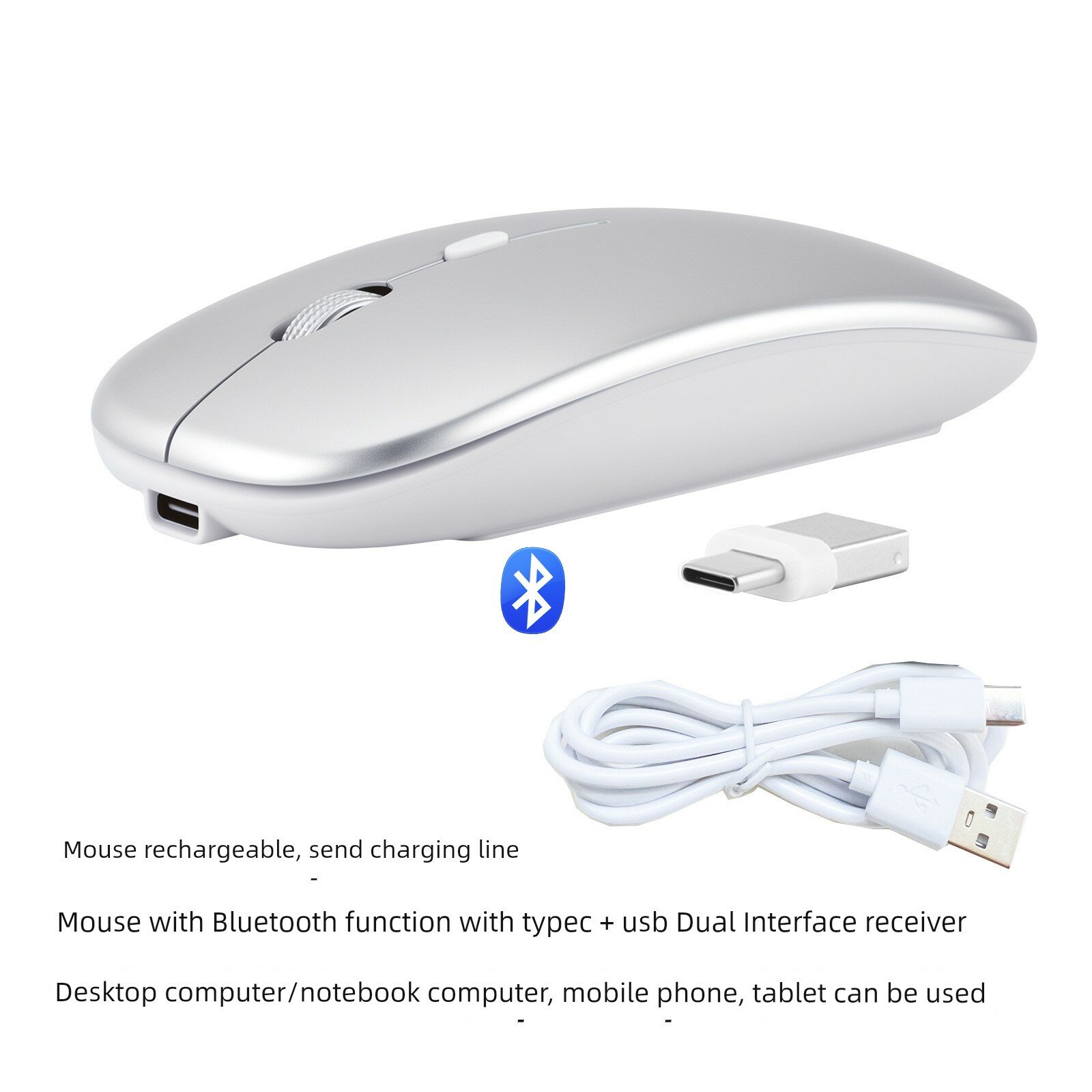 Беспроводная Bluetooth-мышь для ноутбуков Apple MacBook Pro, бесшумная, модели M1, M2, M3, M4 Серебристый/3 режима