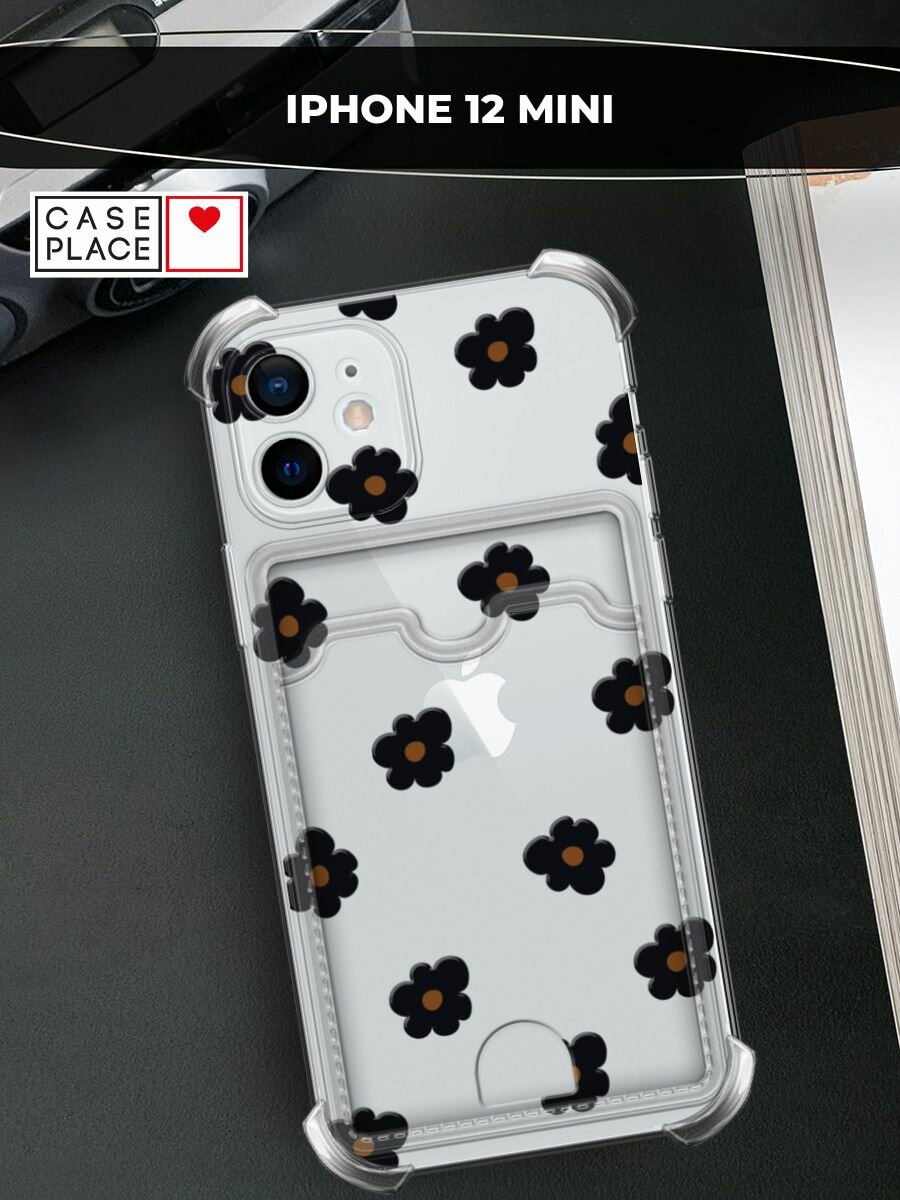 Чехол на Apple iPhone 12 mini (Айфон 12 Мини) с картой и принтом Темные цветочки паттерн