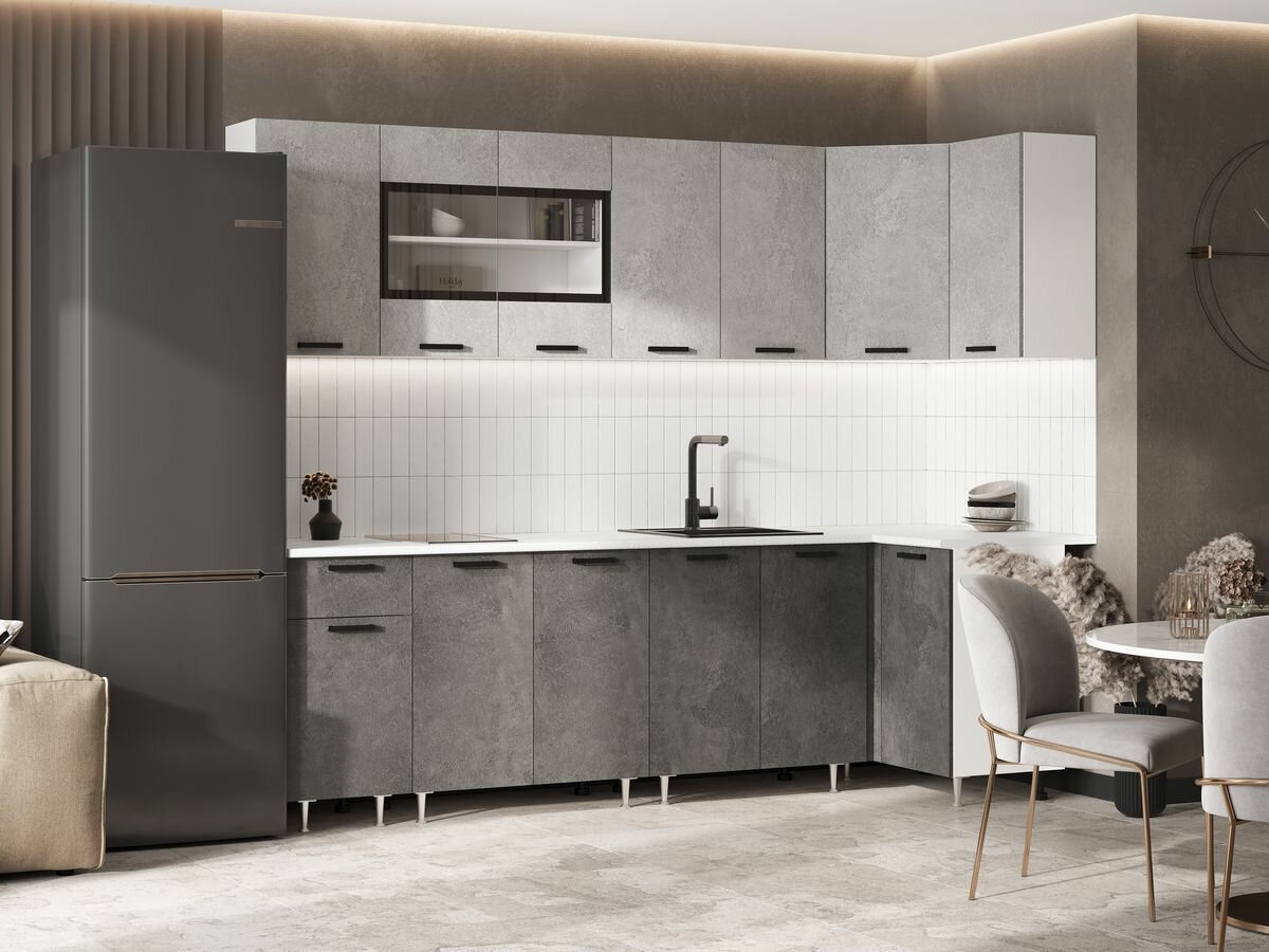 Кухонный гарнитур 2,6х1,0м Рио NEW бетон светлый/бетон темный, белый со столешницей, МИФ