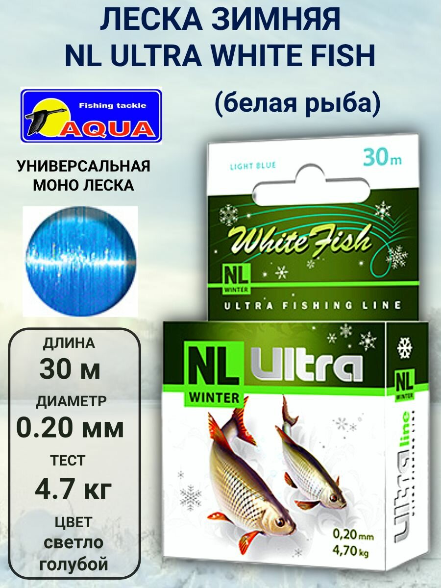 Леска зимняя AQUA NL ULTRA WHITE FISH (Белая рыба) 30m 0,20mm, цвет - светло-голубой
