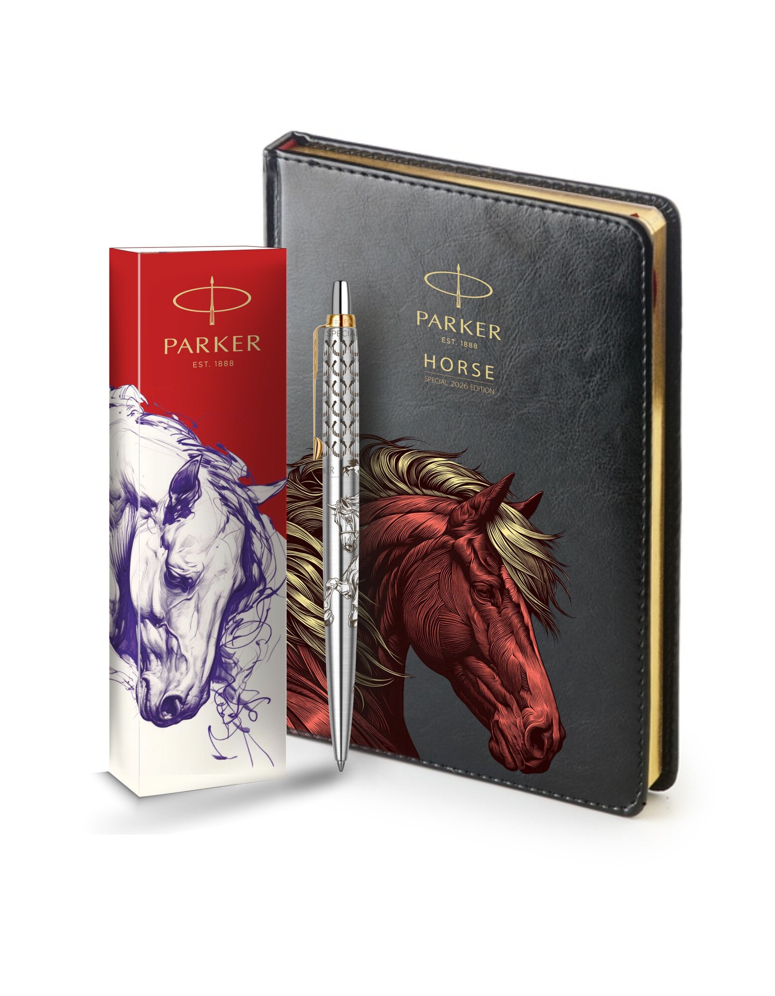 Подарочный набор: Шариковая ручка Parker Jotter Horse Special Edition в подарочной коробке и ежедневник недатированный черный с золотым срезом 1953182_LE26