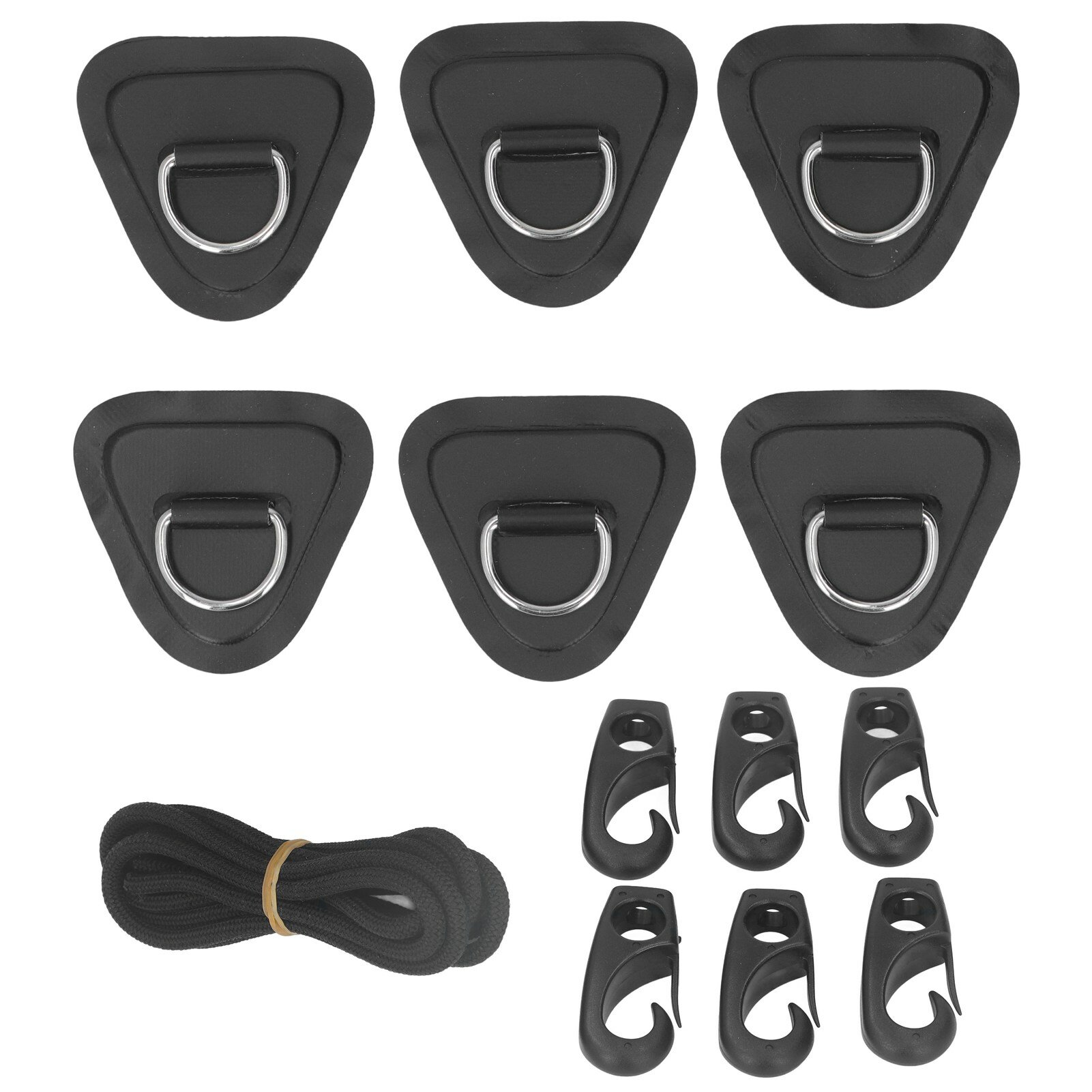 6Pcs PVC D Ring Patch Elastic Rope Set Stainless Steel Bungee Cord for Inflatable Boats Canoes Kayaks Surfboards Vertical Paddle Boards Black