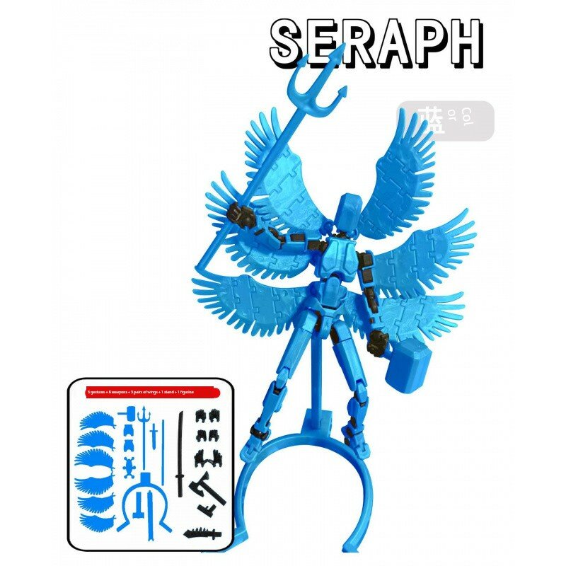 Черно-синяя фигурка ангела с 6 крыльями, 8 оружием, подставкой, 3-суставным движением, игрушкой для снятия стресса