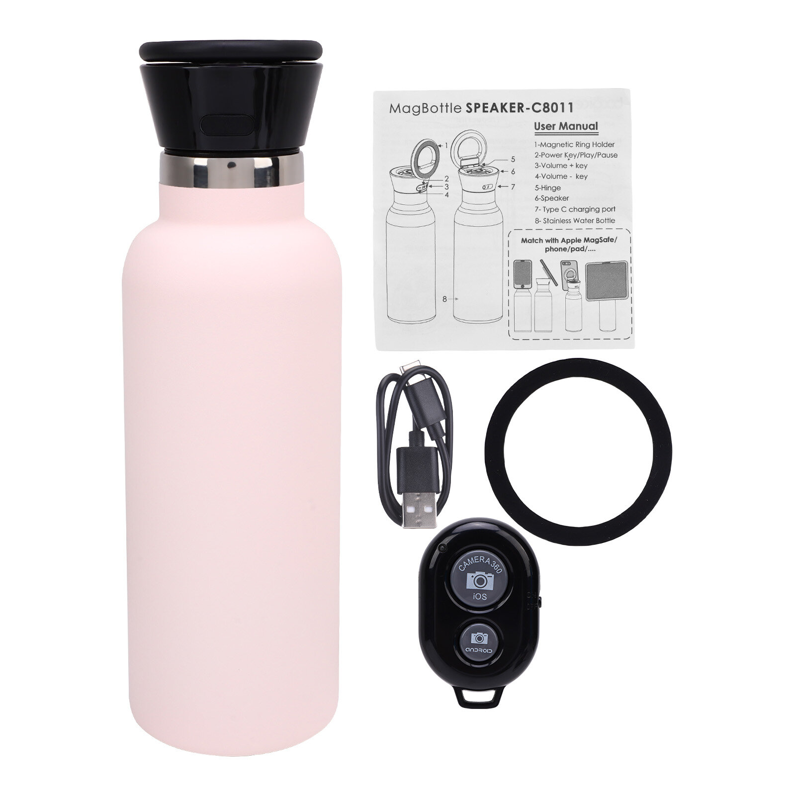 Бутылка для воды с динамиком BT Перезаряжаемый магнитный динамик Бутылка для воды Бутылка для воды из нержавеющей стали для занятий спортом в тренажерном зале Офисные путешествия На открытом воздухе IP65 Водонепроницаемый 550 мл Розовый