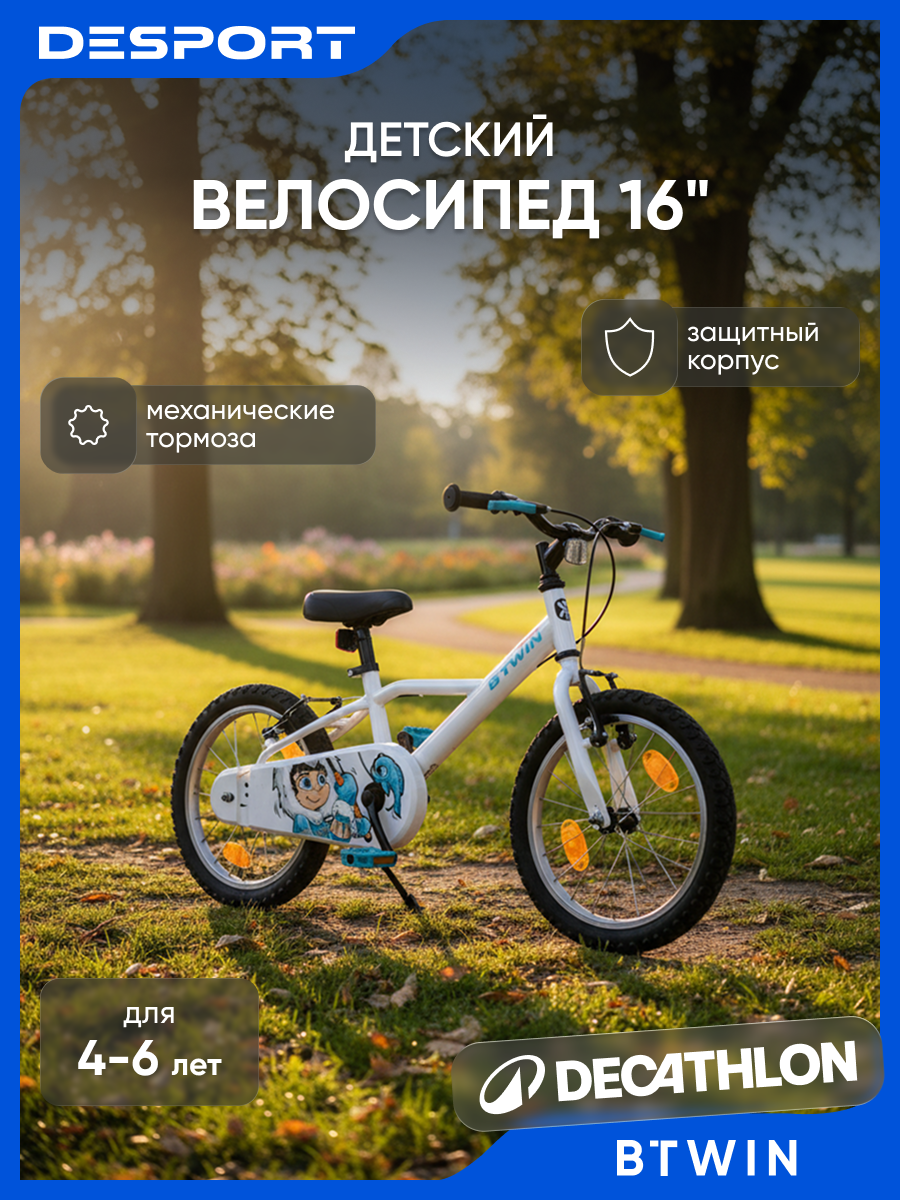Велосипед Btwin "INUIT 100", двухколесный, сталь, защита цепи, V-Brake, детский, 16", белый