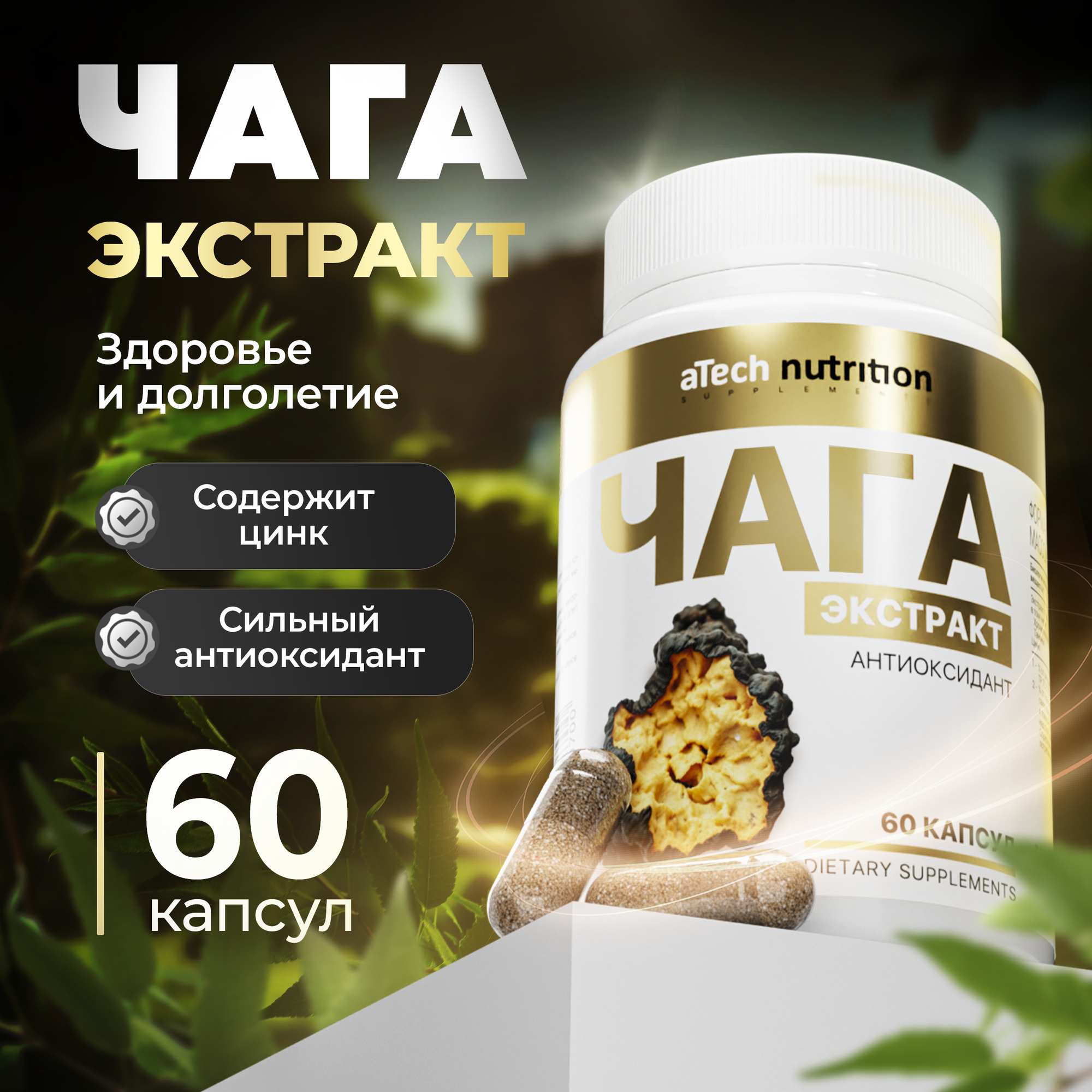 Пищевая добавка aTech Nutrition Чага Экстракт с цинком капсулы, 60 шт.