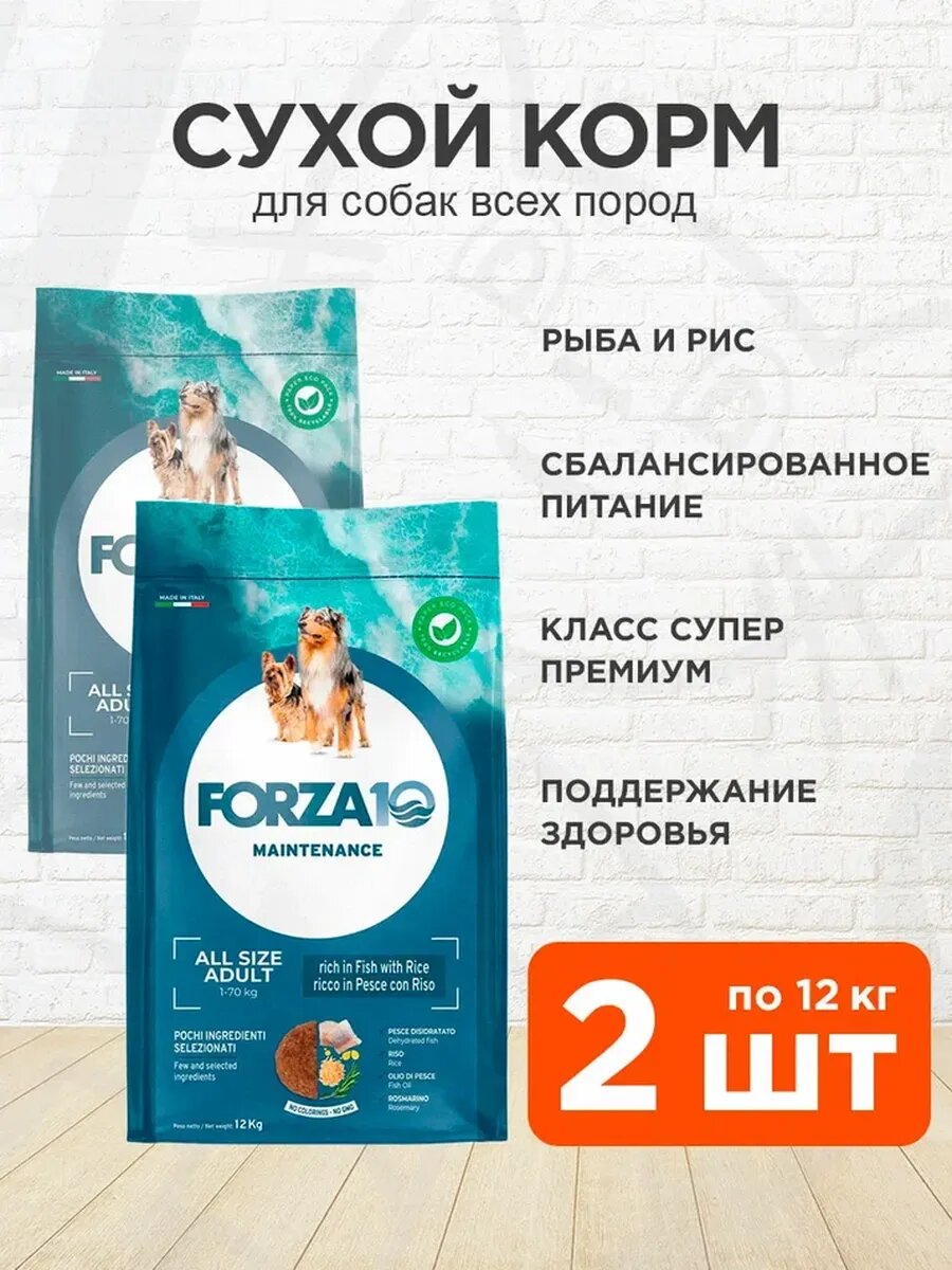 Корм сухой Forza10 Dog Maintenance Adult All Size для взрослых собак всех пород с рыбой и рисом, 12 кг х 2 шт