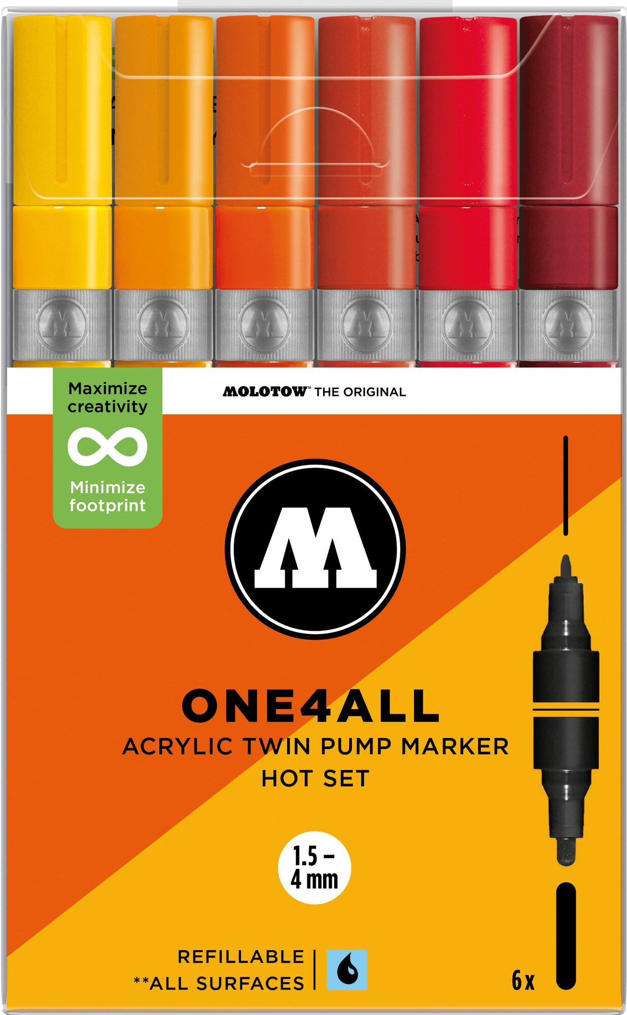 Набор двусторонних акриловых маркеров Molotow One4all Acrylic Twin Hot Set 6 штук 200854