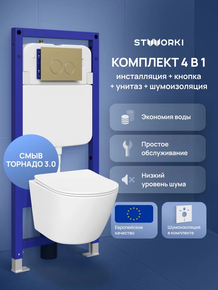 Инсталляция с унитазом комплект 4 в 1: Инсталляция STWORKI Хельсинки S33500GM / Унитаз подвесной STWORKI Левангер S07401WH безободковый, с микролифтом, глянцевый белый, антивсплеск / Шумоизоляция