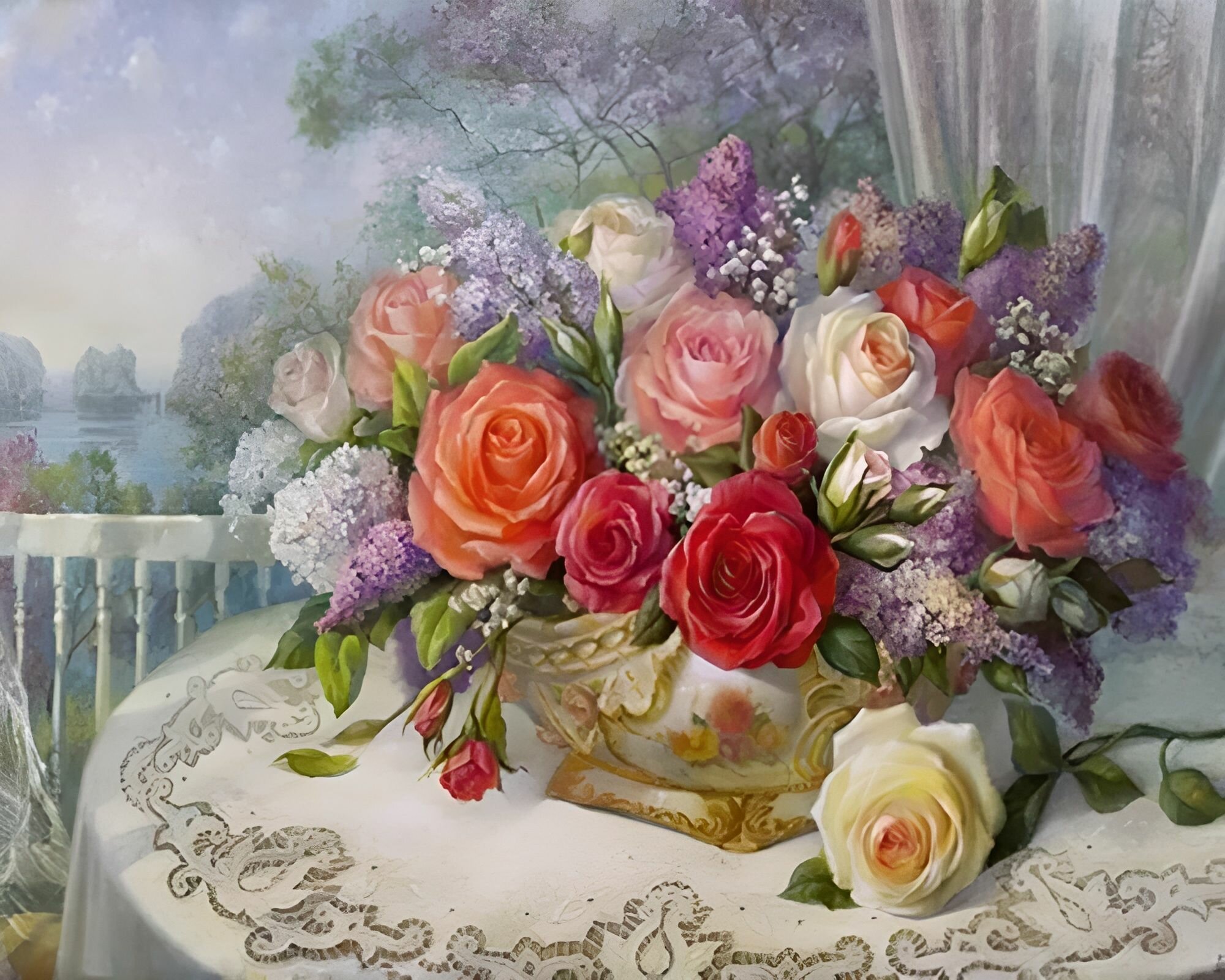 Набор для творчества Вышивка крестом наборы (худ. Дандорф О.)40х50 Роза и сирень на веранде. Букет цветов. Натюрморт.