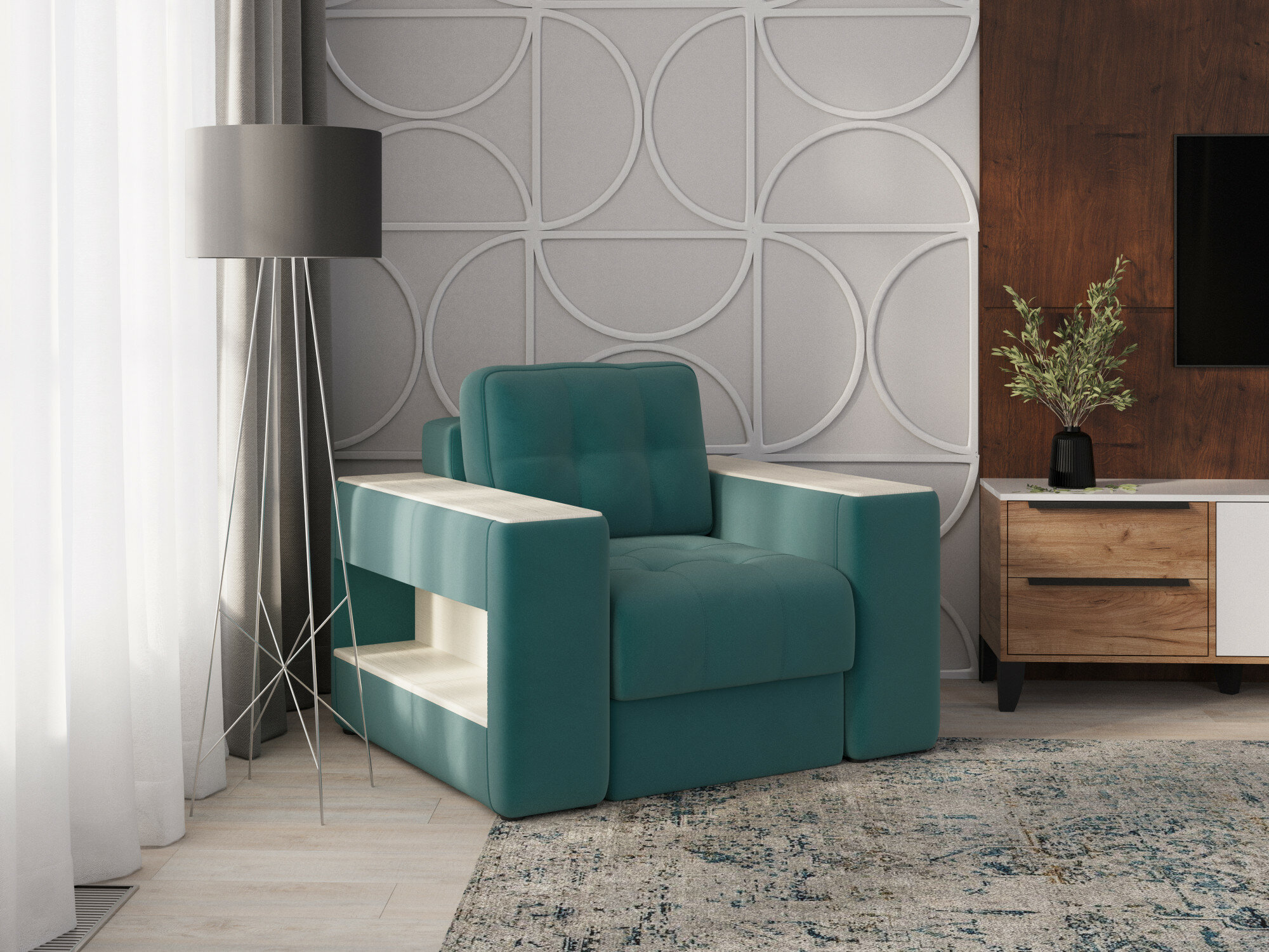 Кресло нераскладное, обивка двухслойный велюр, Бирюза/Клен кремовый