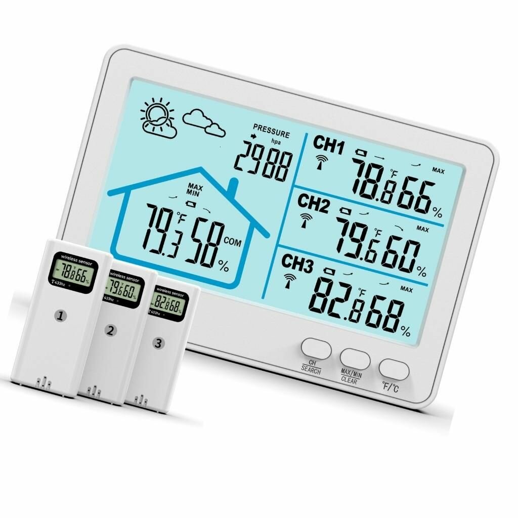 Дальнодействующие беспроводные метеостанции с монитором и цифровым дисплеем, Белый