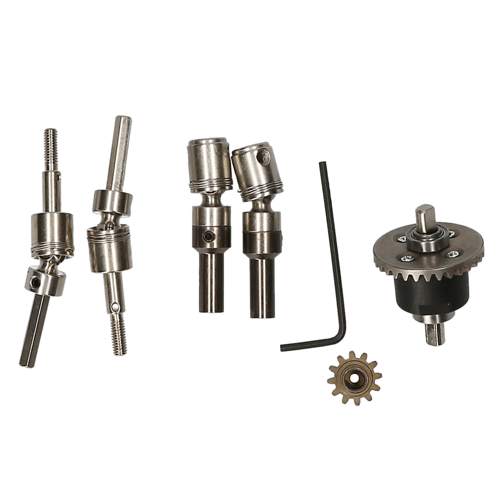 Металлический дифференциал с шестерней и валах передачи для радиоуправляемых автомобилей Wltoys 12428 12423 масштаба 1/12, серебристый цвет, диаметр дифференциала 3см, длина валов 4.5см/6см, комплект из 1 дифференциала, 1 шестерни, 4 валов и 1 гаечного