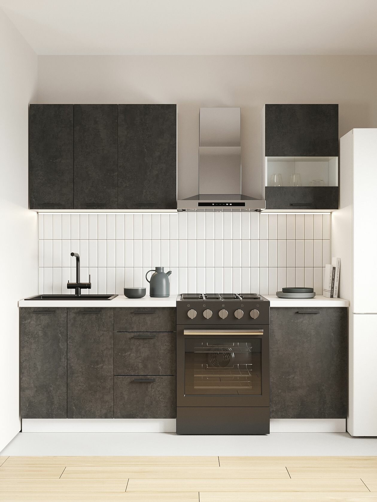 Кухонный гарнитур Урбан 1.5 м, мебель для дома и кухни, Белый / Цемент темный со стеклом