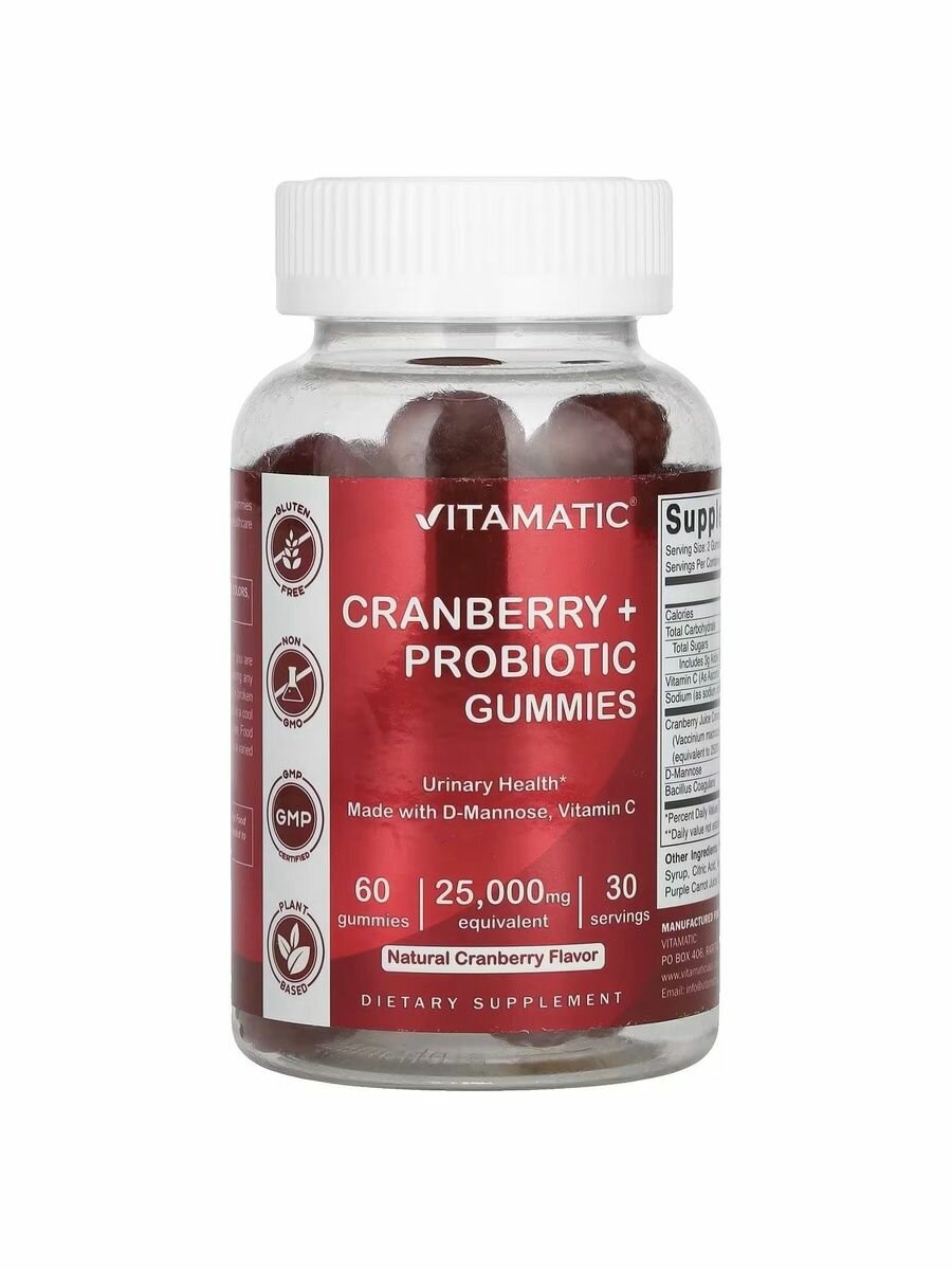 Vitamatic, клюква и пробиотики, Cranberry + Probiotic Gummies, 25000 mg, 60 мармеладок