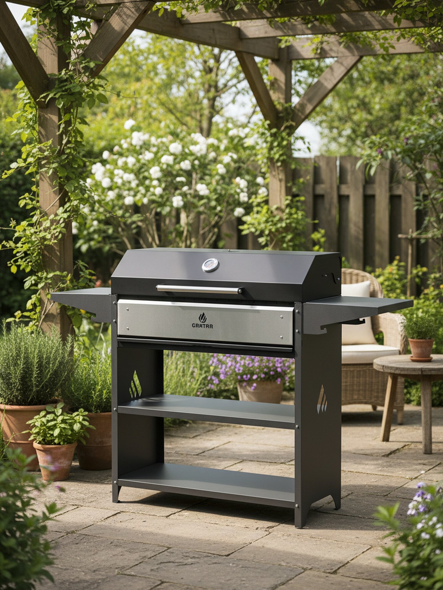 Мангал 1582х445х1110 мм, 3 мм, разборный, с крышкой, стационарный, крыша, гриль, складные полки, термоизоляция, Gratar, Profession