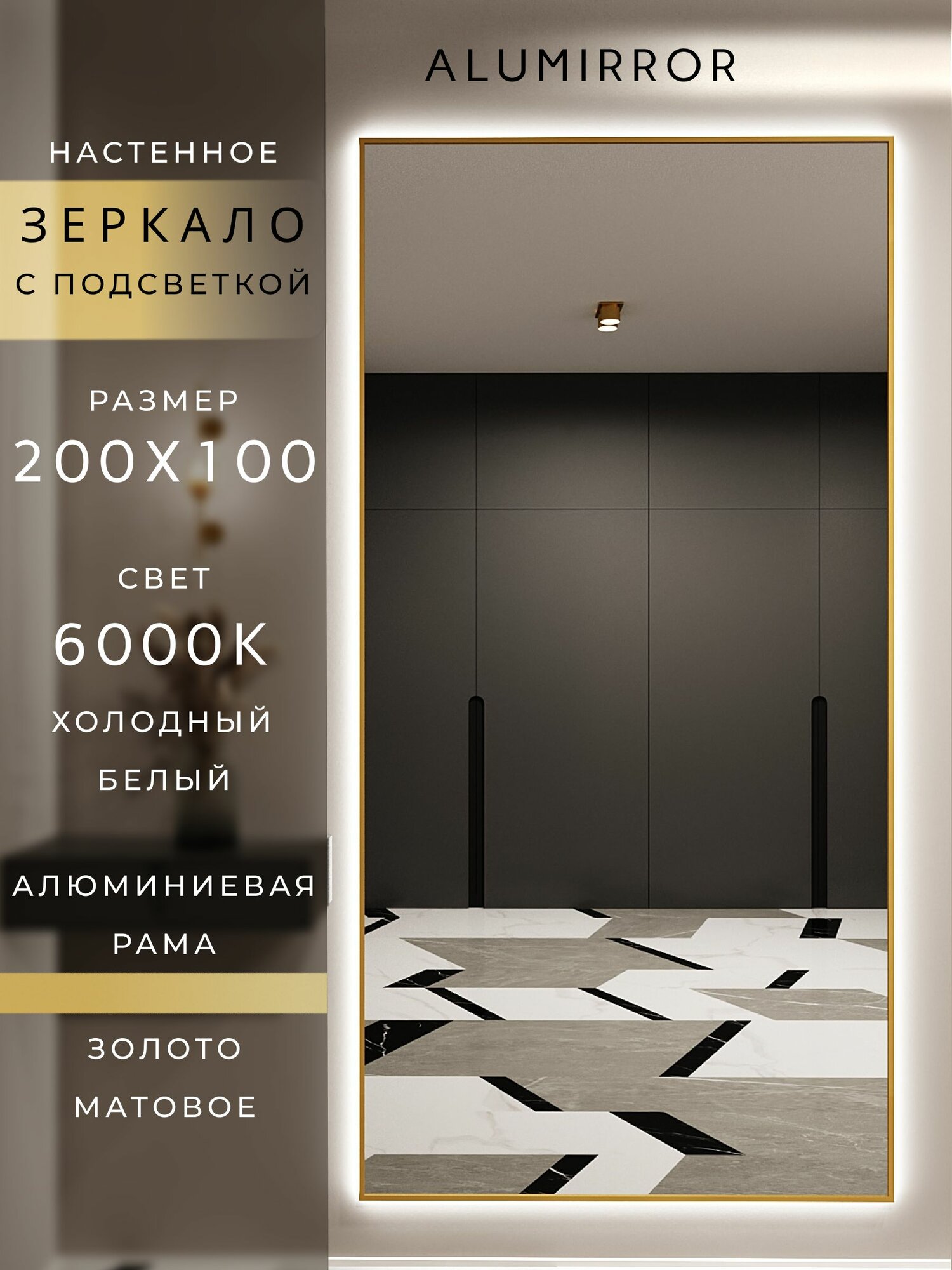 Зеркало настенное 200х100 см. золото с подсветкой Свет: Холодный белый 6000К В алюминиевой раме интерьерное ALUMIRROR