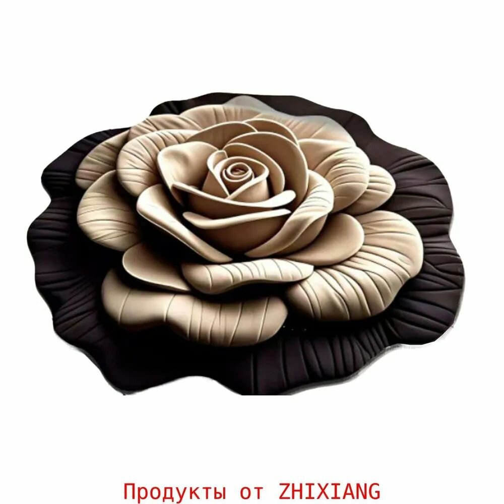 Ковер 3D, 80x80см, искусственная замша, растительный рисунок, черный, бежевый — фото 1