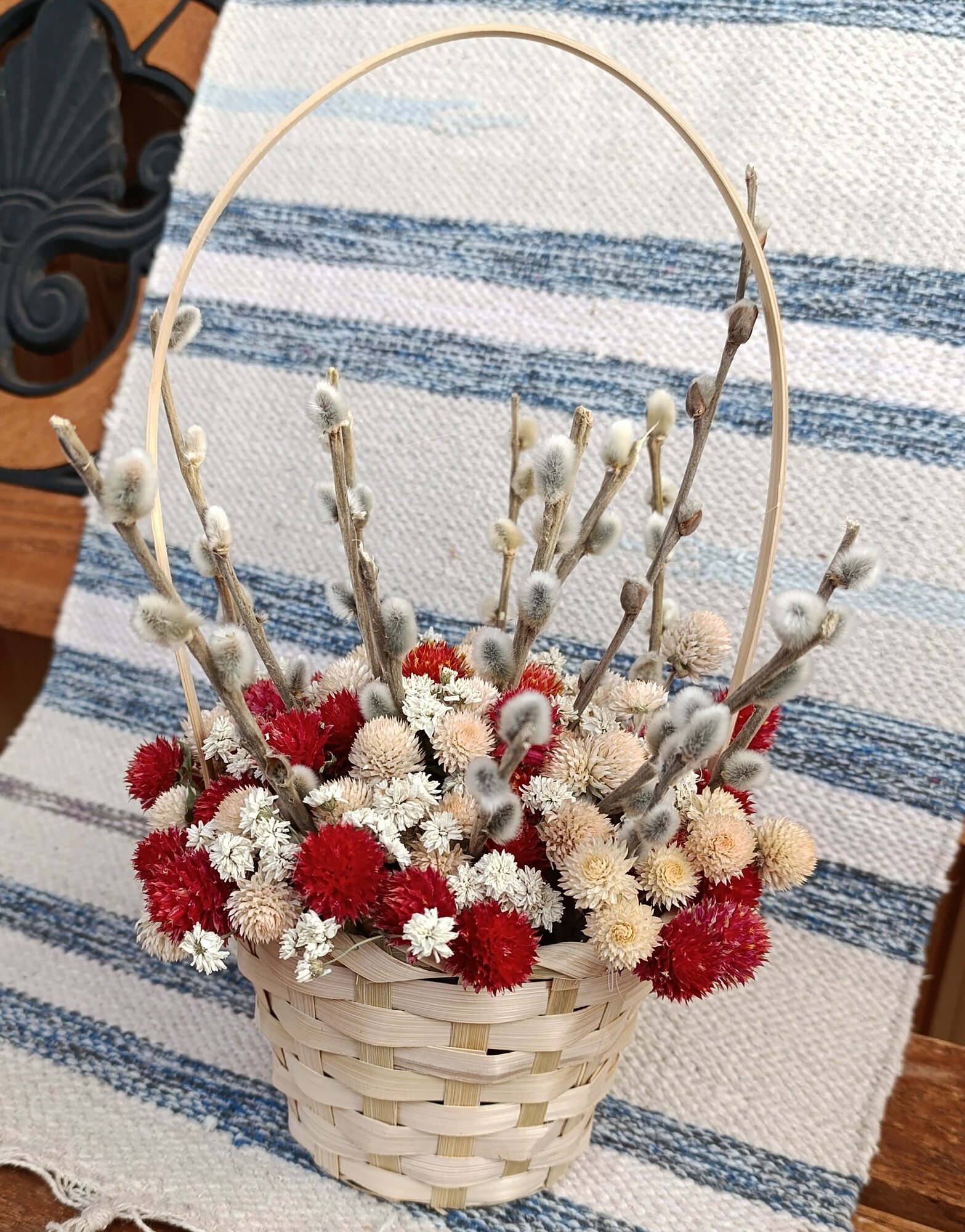 Декор. Букет сухоцветов с вербой Поделки Домового "Весенняя поляна", в плетеной корзине, 30см