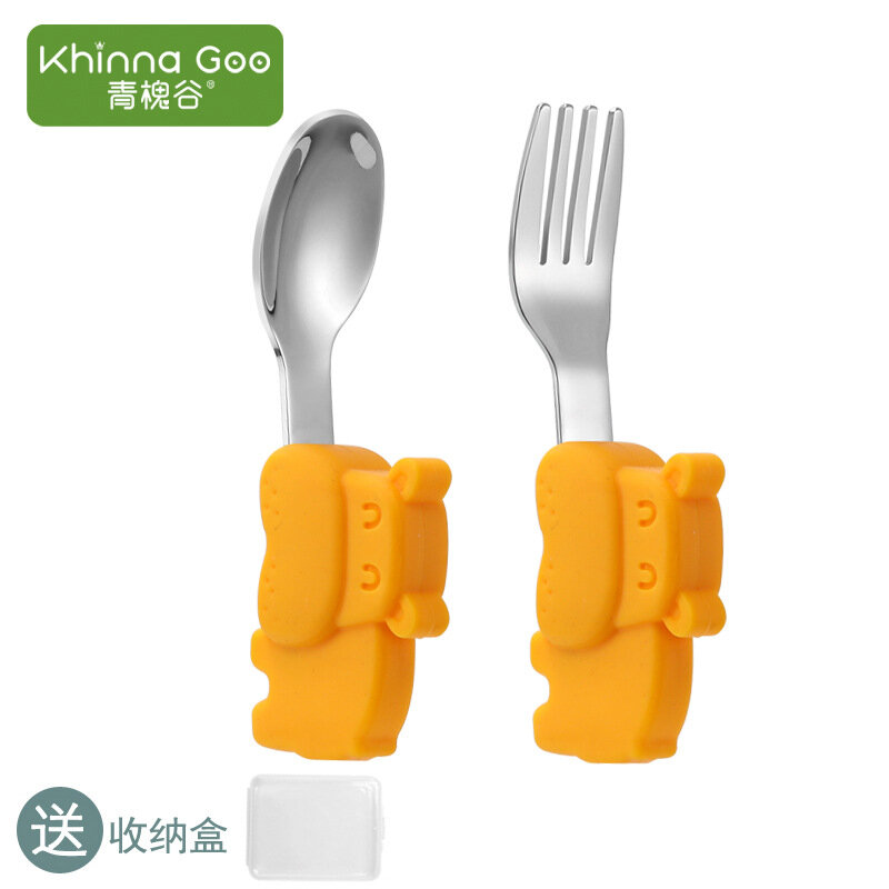 Вилка и ложка из нержавеющей стали Qinghuai Valley для обучения еде, короткая ручка, детская посуда, тренировочная вилка и ложка для детского питания
