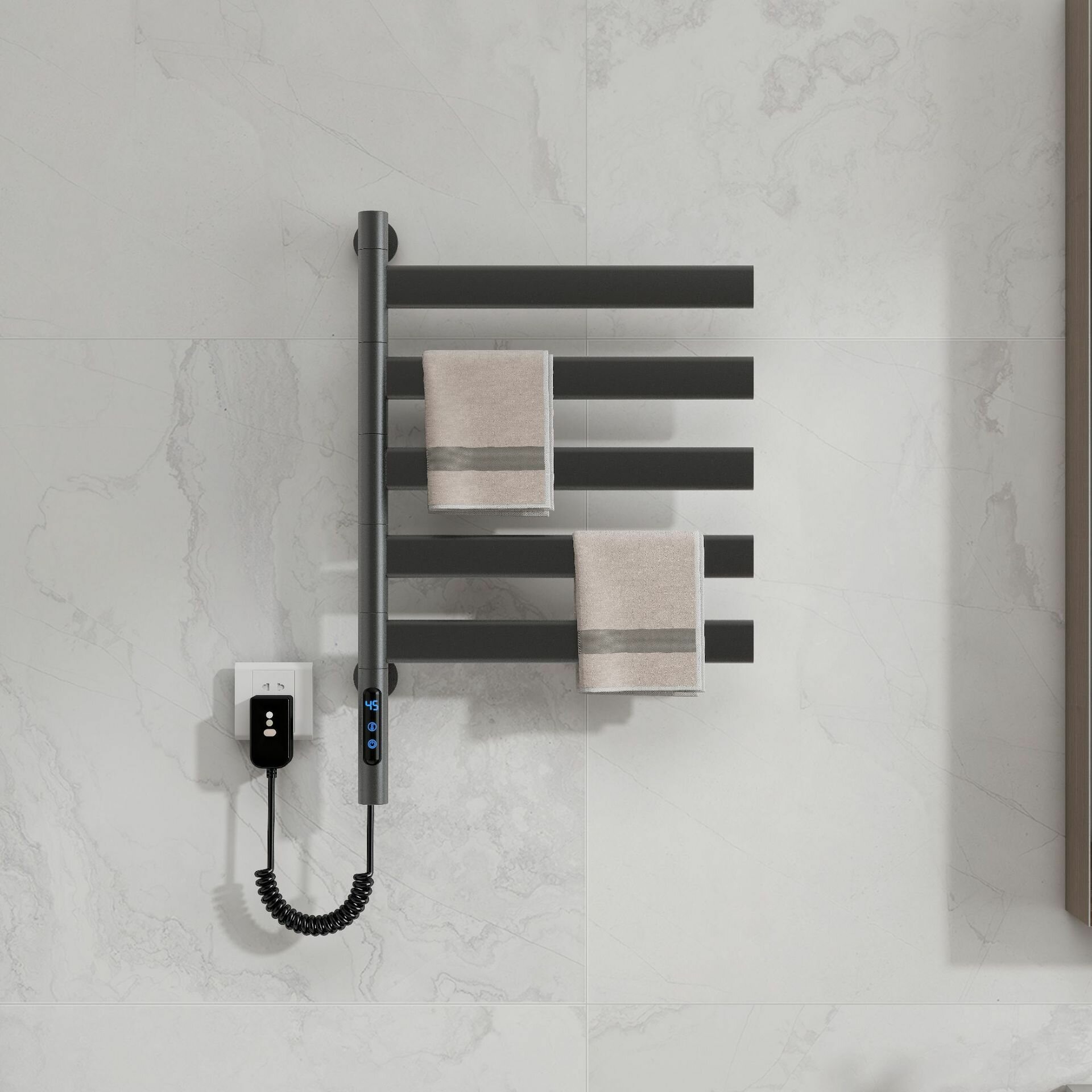 Космический алюминиевый умный электрический подогреваемый полотенцесушитель с постоянной температурой, вращающаяся стойка для хранения из нержавеющей стали без сверления