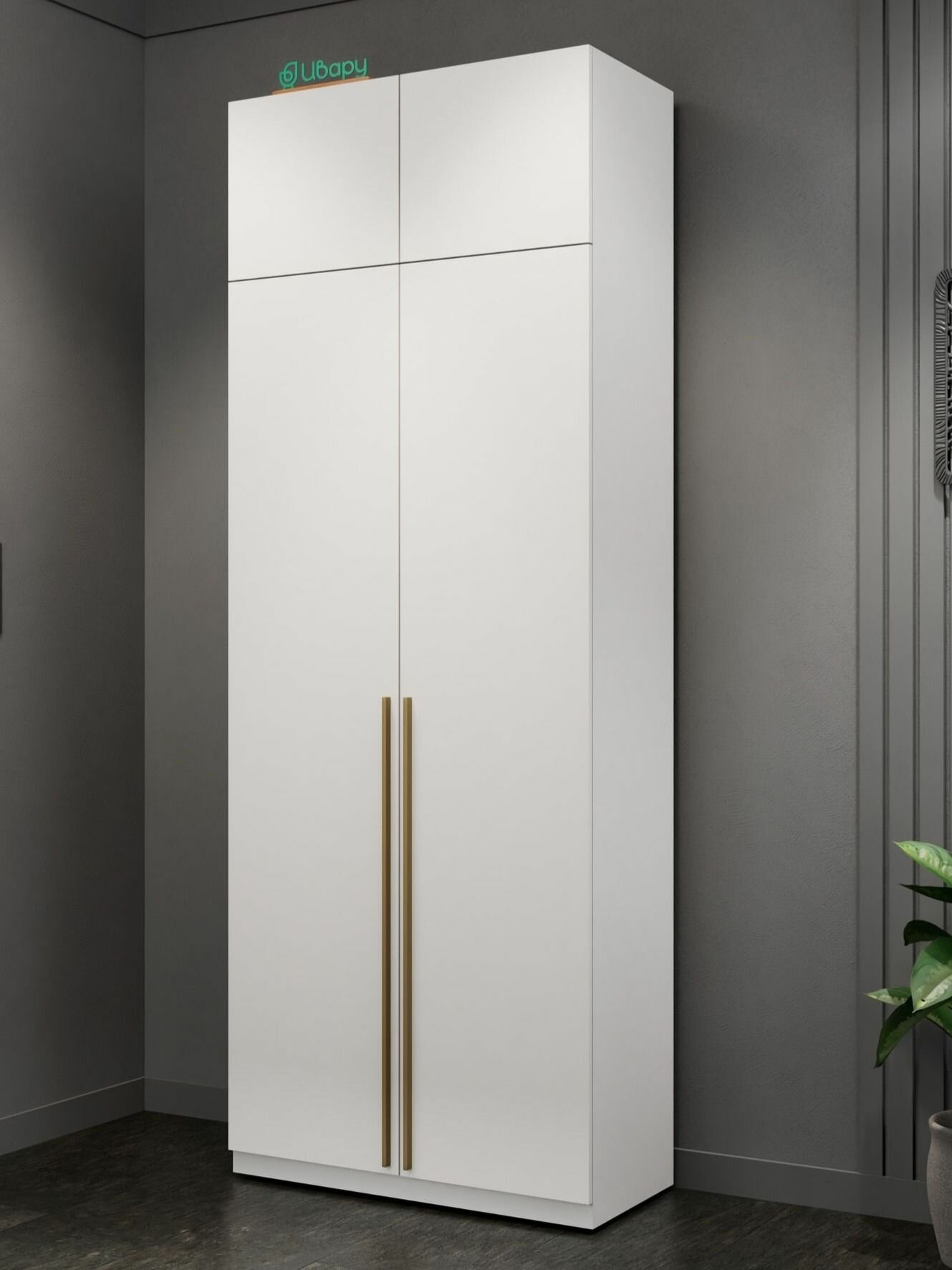 Распашной шкаф для одежды и хранения вещей Николь 2 Ивару с полками, со штангой, с доводчиками 90x40x240 см белый шелк / сатиновое золото