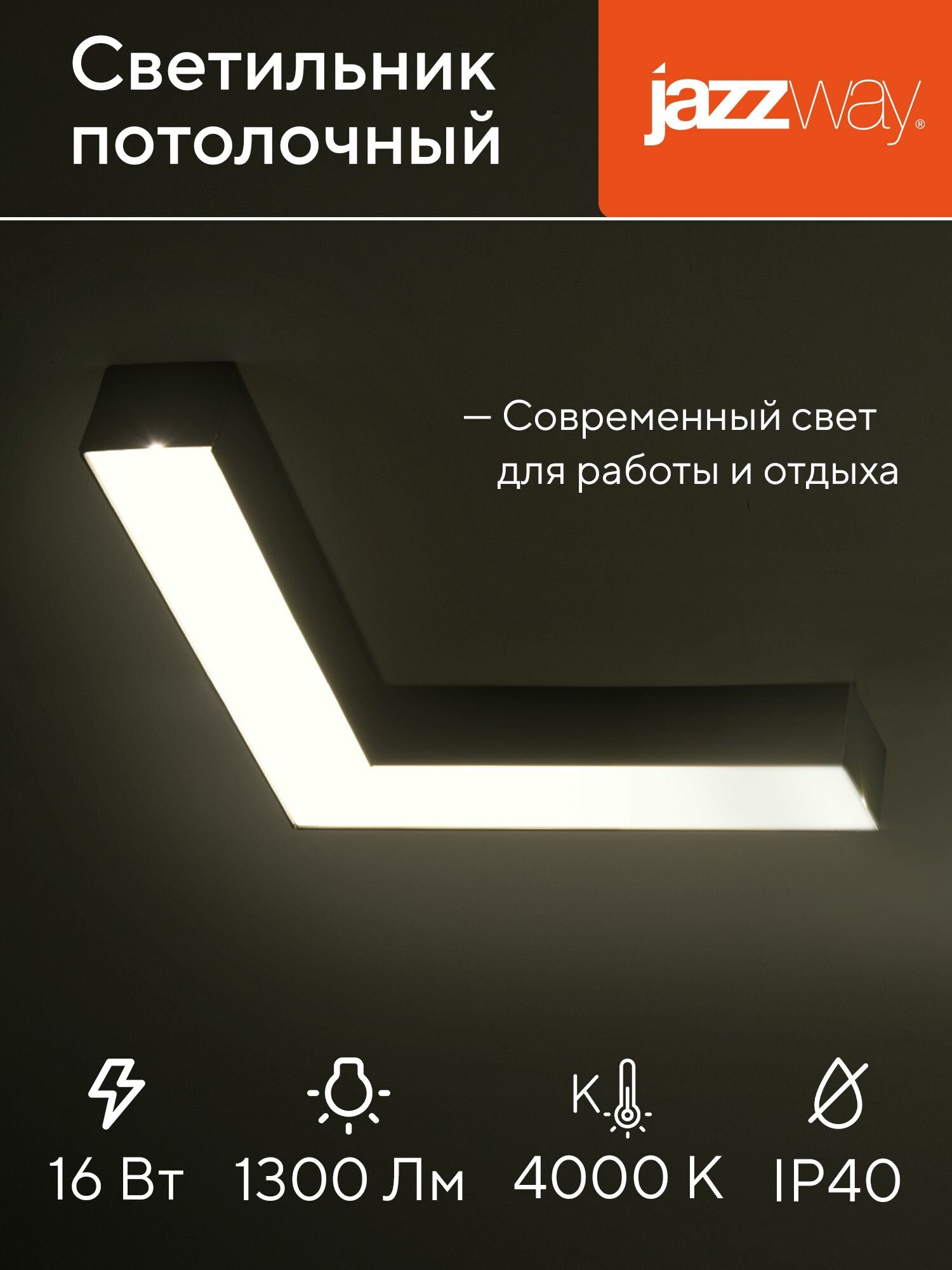 Светильник Jazzway PSO-02 L, LED, накладной, 16 W, IP40, пластик, черный