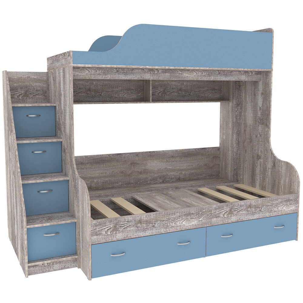 Двухъярусная кровать Дуэт-15 с лестницей комодом Бетон Светло Синий/Голубой