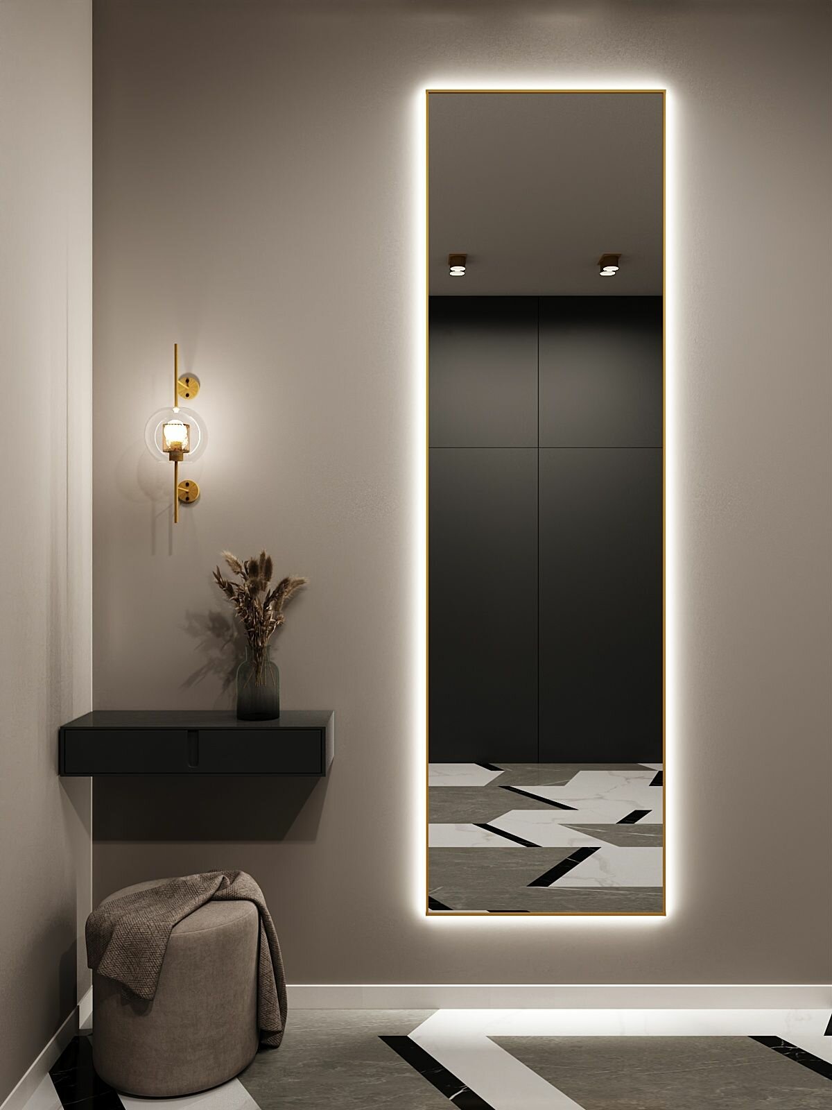 Зеркало настенное 230х70 см. золото с подсветкой. Свет: Холодный белый 6000К. В алюминиевой раме интерьерное BLX MIRROR