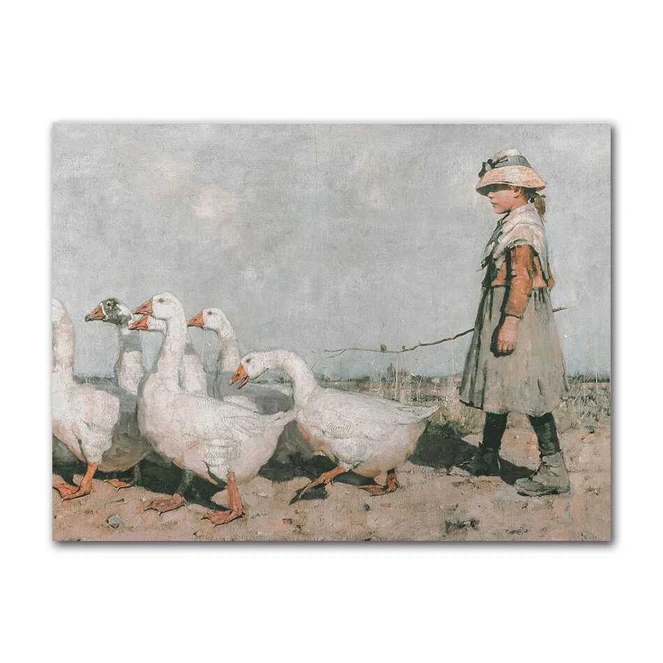 Картина на холсте "Гуси и девочка", 10x15 см, без рамы, цвет 60859-10